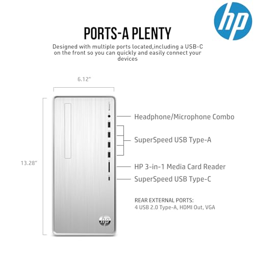 HP Pavilion Desktop, AMD Ryzen 5 5600G, 16GB RAM, 1TB HDD, 512GB SSD, Windows 11 Pro, HDMI, Wi-Fi 5, Bluetooth, USB C, SD Card Reader, Natural Silver, PCM
