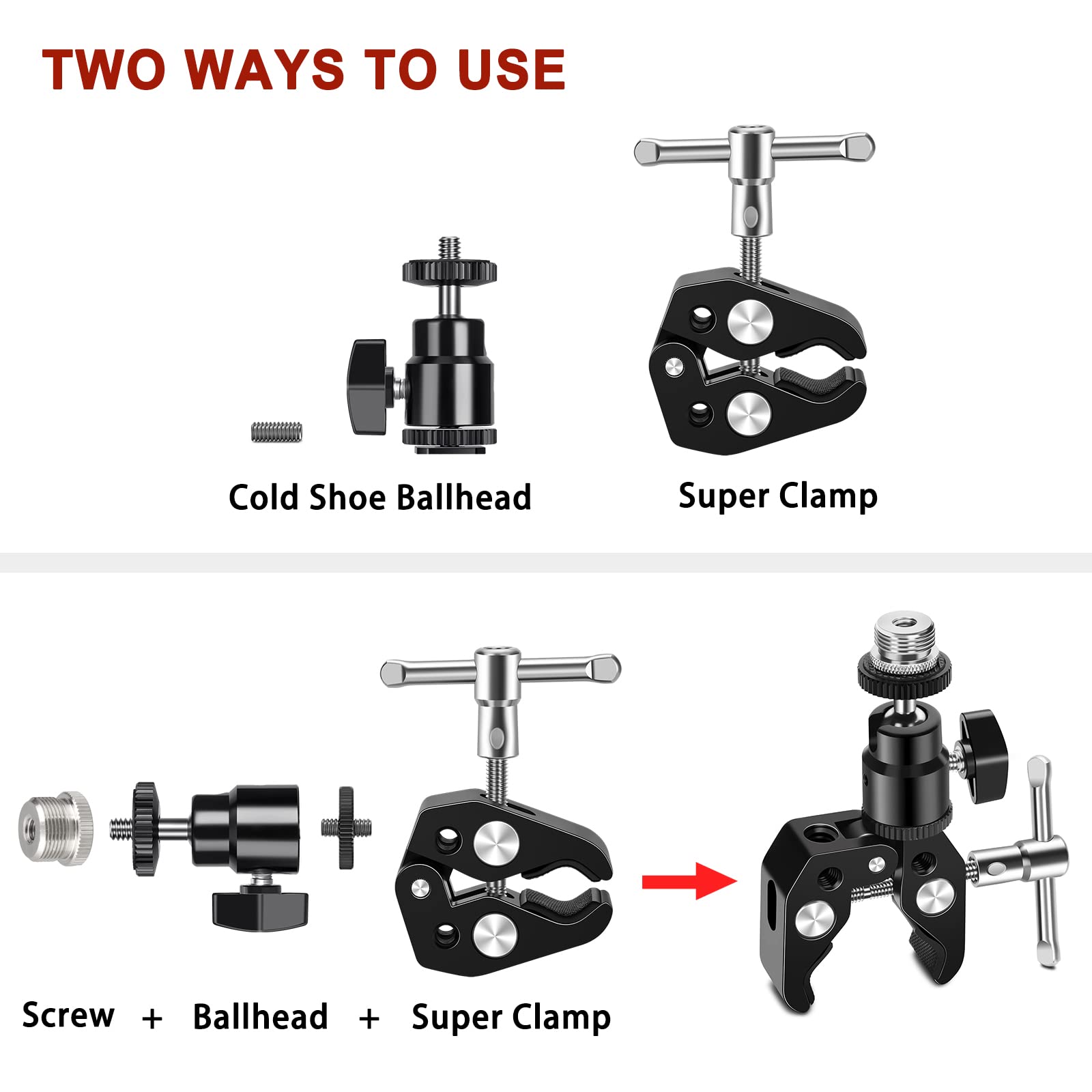 Lanxire Super Clamp Mic Clip Mic Mount with Mini Ball Head for Microphones - Max Load 4.4lb/2kg - 1/4ββ Female to 5/8ββ Male Thread Adapter Included