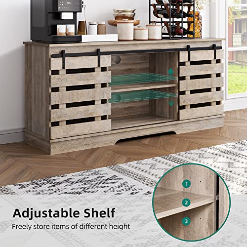 YITAHOME Bar Cabinet, 60β Farmhouse Sliding Barn Door Cabinet Sideboard Buffet Cabinet with Capacity 300 lbs for Home Kitchen Dinning Living Room, Grey Wash