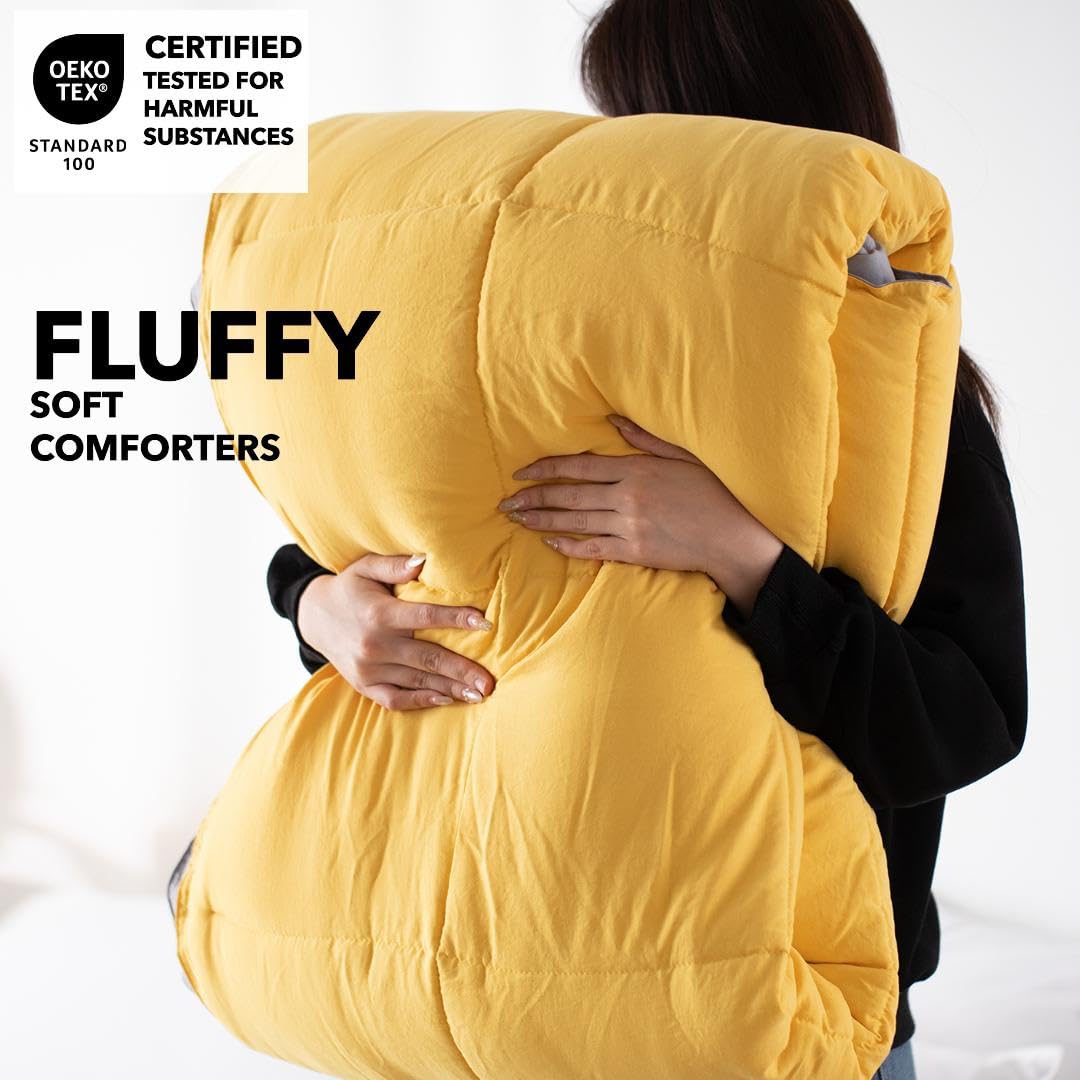 KASENTEX Dual-Sided Yellow and Grey Comforter Set, 2 Pieces Lightweight Teen Solid Bedding Set & Collections, All Season Fluffy Bed Set (68x88in Comforter & 1 Pillowcase)