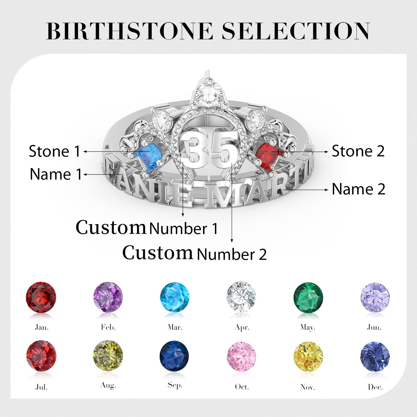 Luxladis Creative 3D Custom Name Initial Ring with Princess Crown Birthstone Rings for Women Bride Engagement Ring Dainty 925 Sterling Silver Personalized Promise Rings for Her (custom name & number)