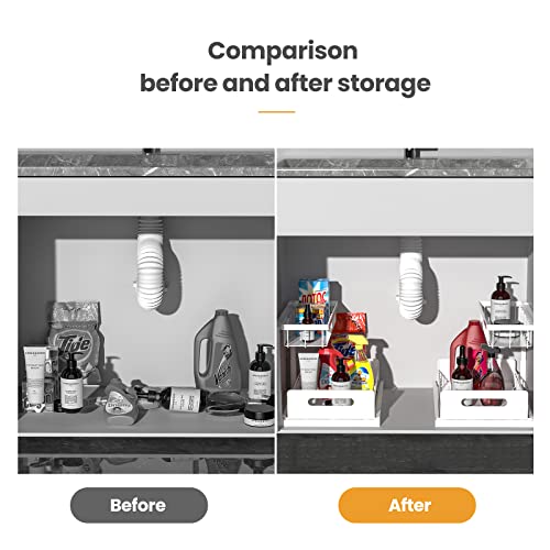 WZMYO Under Sink Organizers and Storage-2 Pack L-Shape Heavy Duty Metal Slide Out Pull Out Drawers Under Cabinet Storage Around Plumbing, for Under Kitchen Bathroom Sink Organizers and Storage(White)