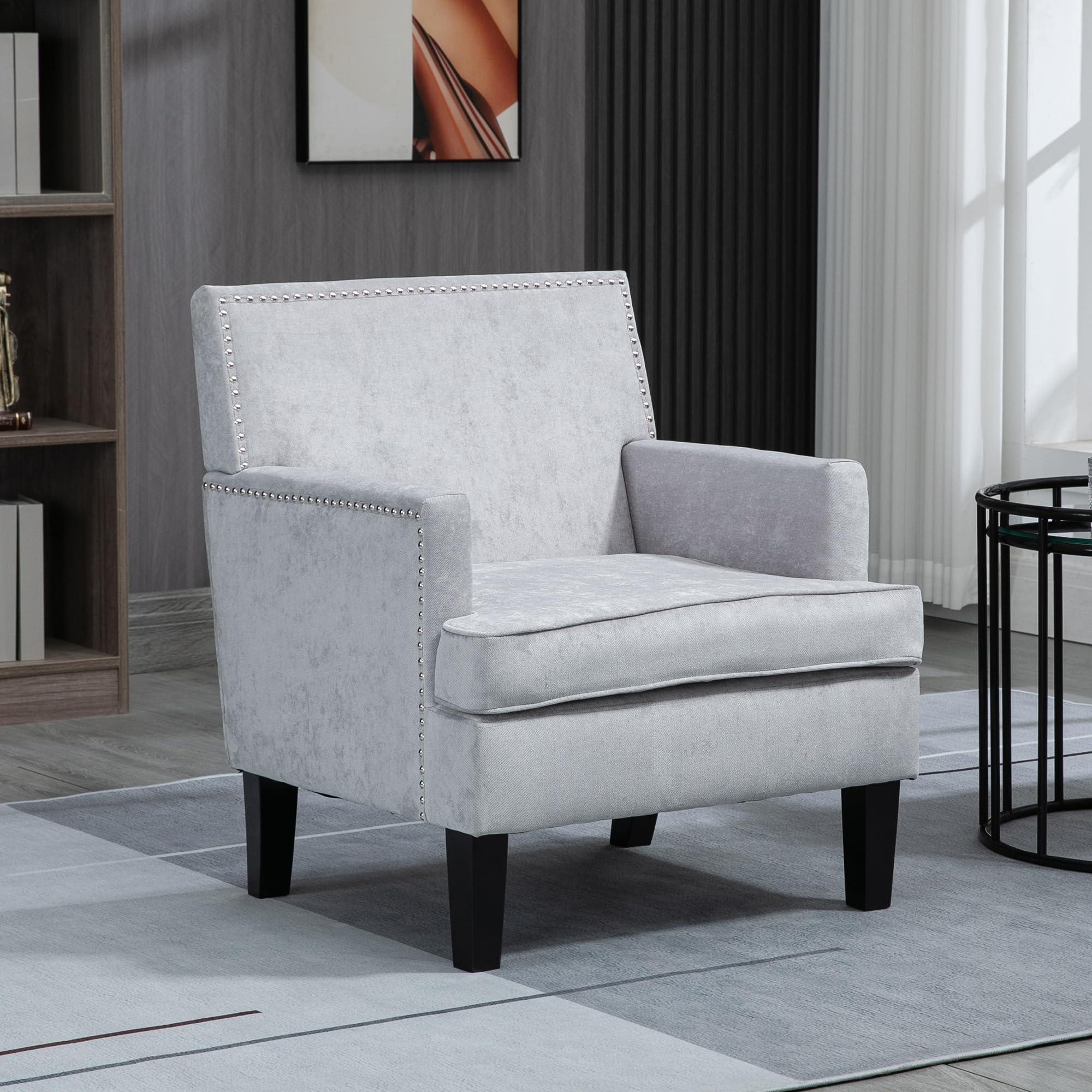 HOMCOM Modern Accent Chair with Solid Wood Legs and Nailhead Trim, Upholstered Armchair for Living Room, Dark Gray