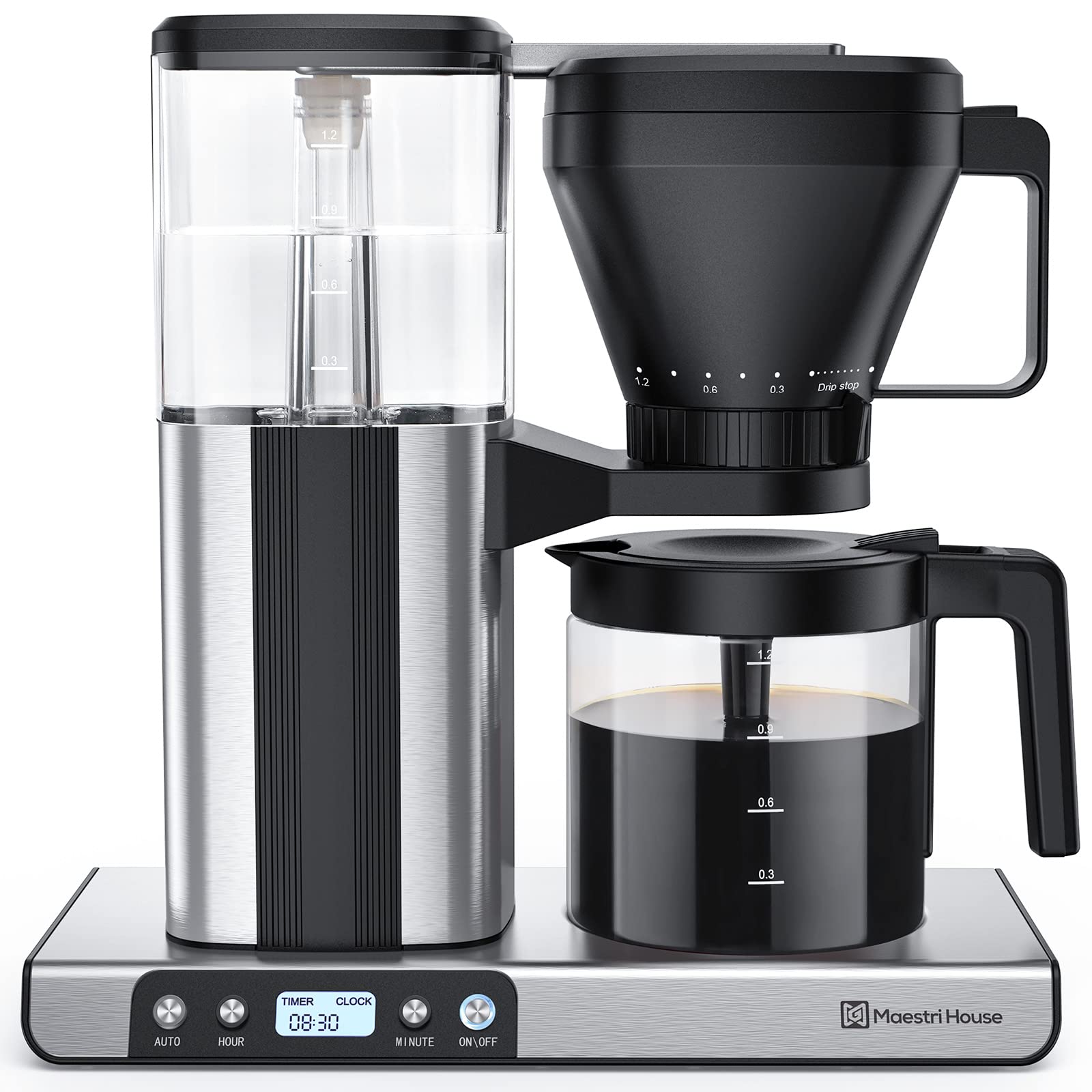 Maestri House Coffee Maker, 8-Cup Drip Coffee Machine with Stainless Steel, One-Touch Brewing and Adjustable Strength, Automatic Start, Glass Carafe and Keep Warm Plate, 1.2L Large Capacity Water Tank