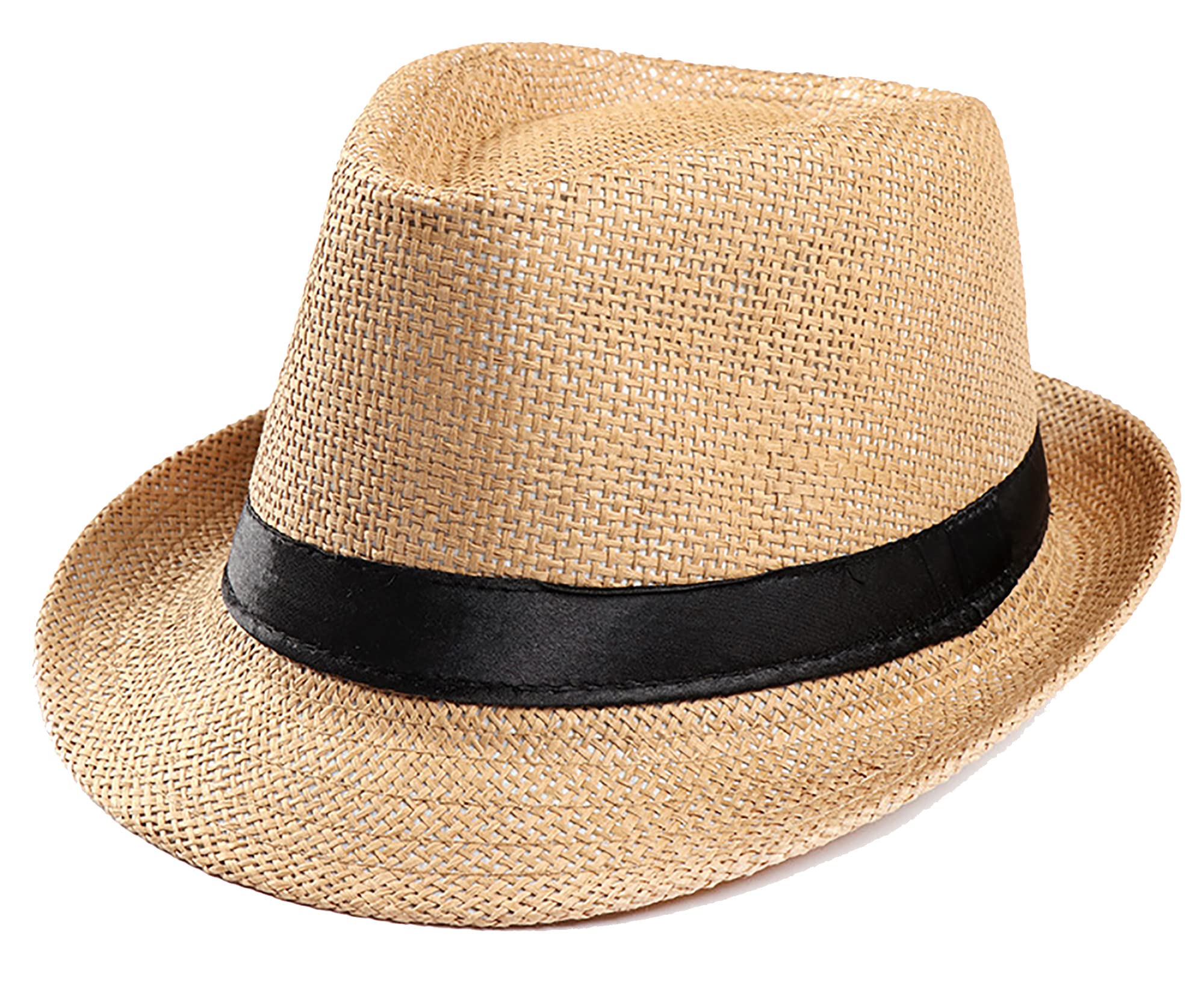 Mens Summer Straw Short Brim Fedora Panama Trilby Beach Sun Hat Khaki