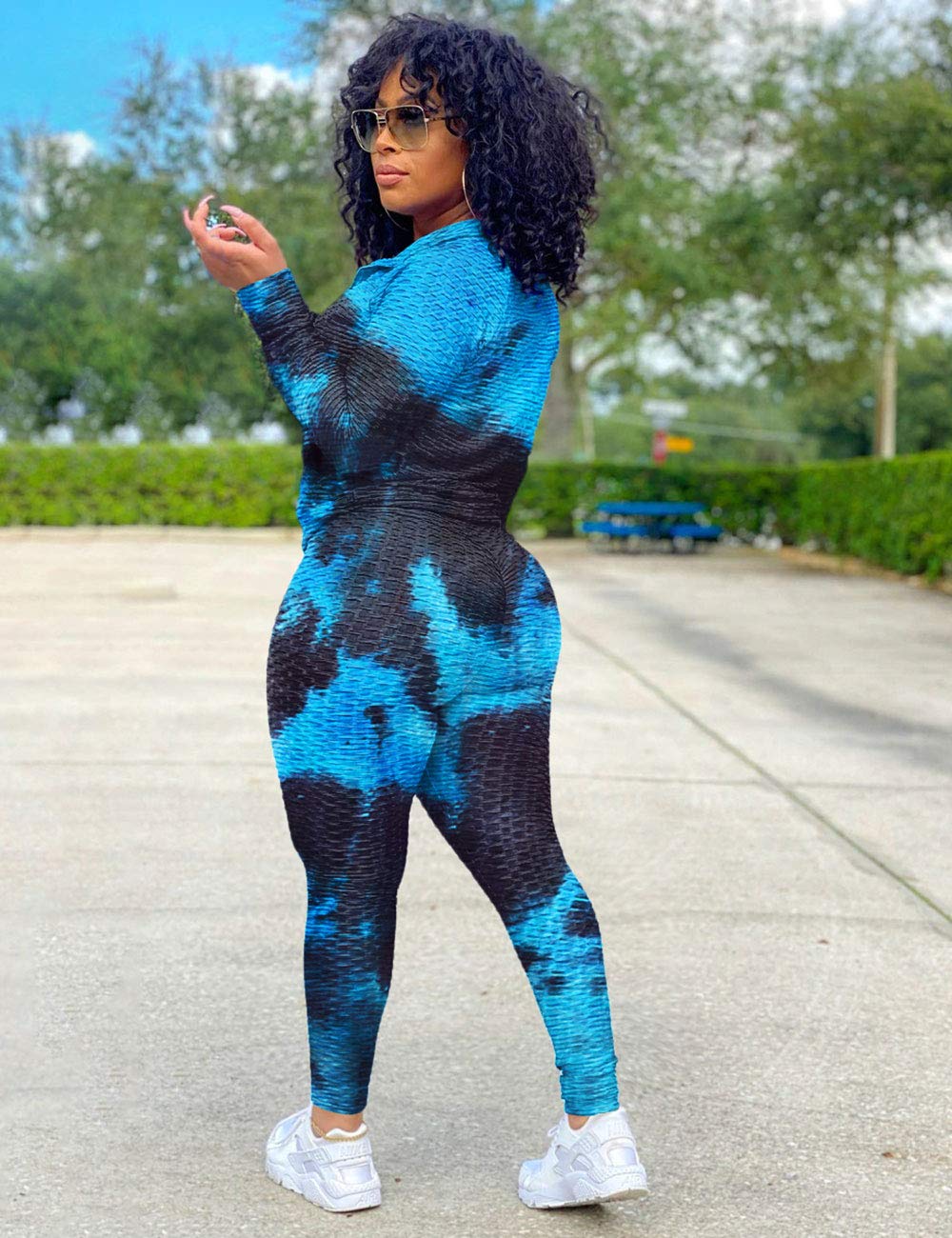 KANSOON Women Jogging Suit Set Textured 2 Piece Outfit Long Sleeve Zipper Jacket + Bodycon Pants Track Suits Sets Blue Black L