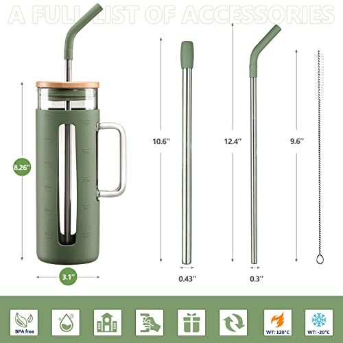 Kodrine Tumbler with Lid and Straw, 20 oz Glass Coffee Tumbler with Handle, Smoothie Cup with Bamboo Lid | Time Marker | Silicone Protective Sleeve, BPA Free - Olive