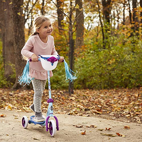 Huffy 78919 Frozen 2 Girl Scooter for Kids, Elsa & Anna Graphics, Handlebar Bin, Preschool Three Wheels & Streamers, Blue/White