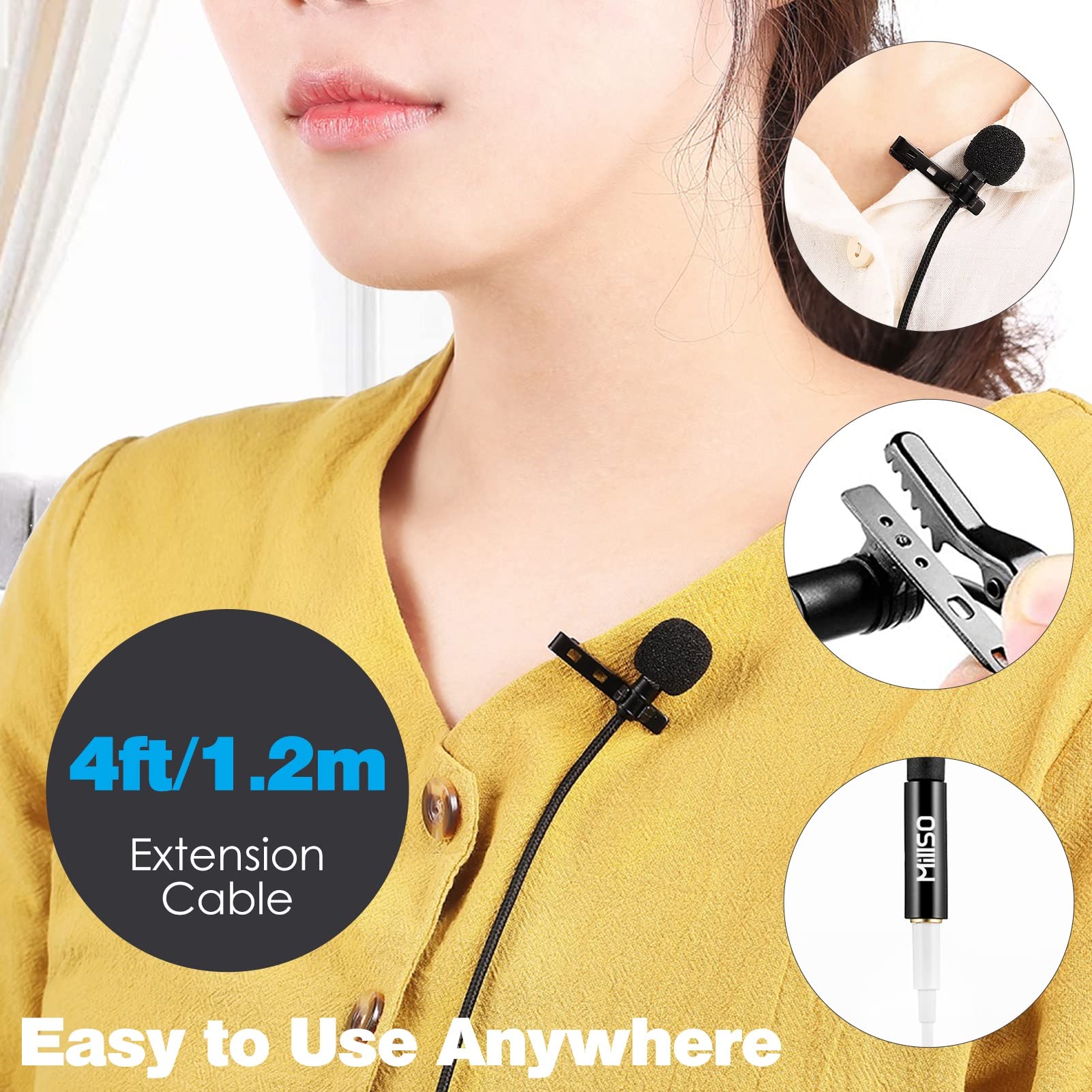 MillSO Lavalier Lapel Microphone W12 Omnidirectional Mini Wired Clip-on Microphone with 3.5mm TRRS Headphone Jack, for PC, Smartphone, YouTube, Interview, Teaching, Recording - 4ft/1.2m