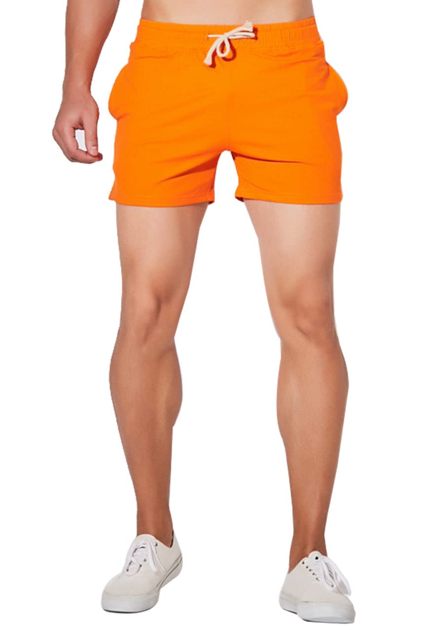 JackieLove Men's & Women's 3" Sweat Gym Running Workout Athletic Short Training Lounge Cotton Shorts Bottoms Orange