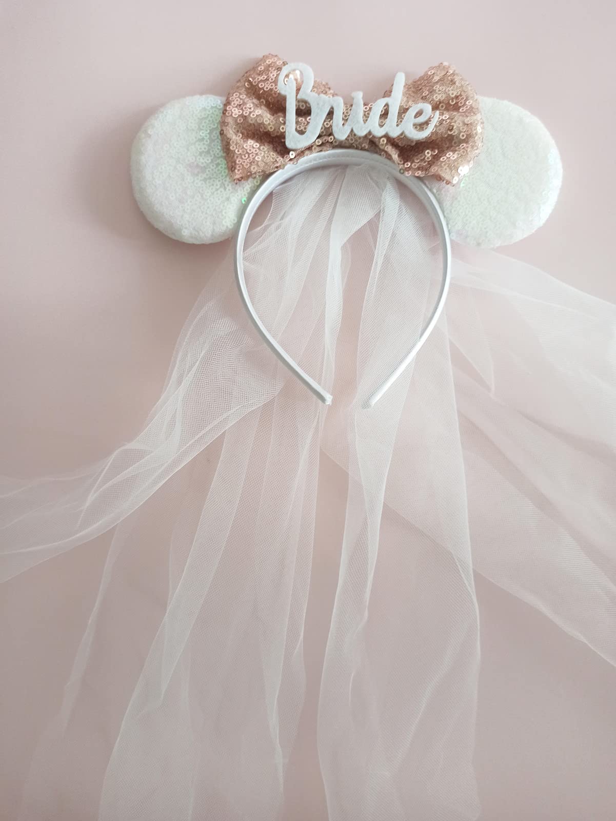 MapleLeaf Bride To Be Minnie Ears Headband, White Bridal Veil, Honeymoon Ears for Engagement Party or Bachelorette (White)