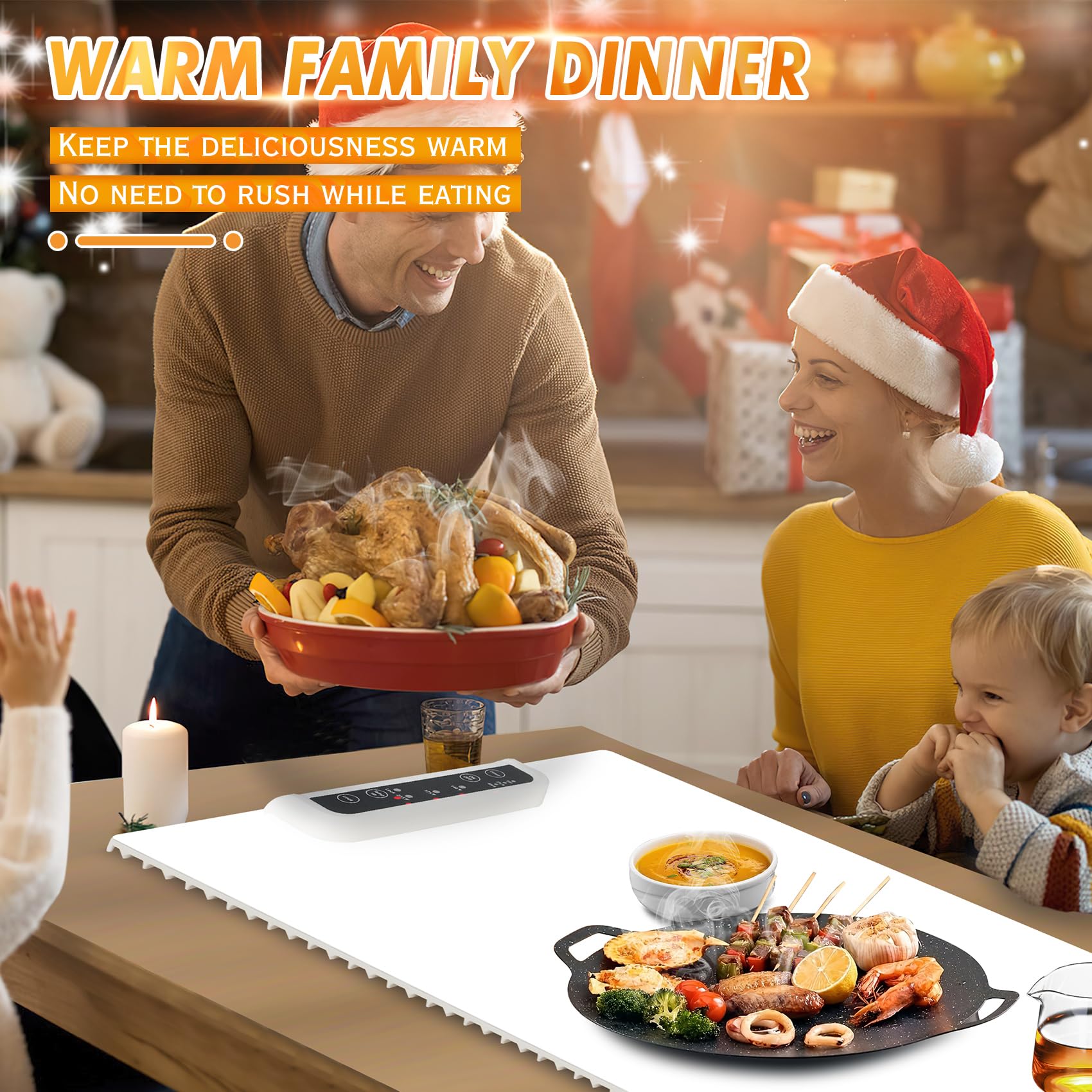 Warming Mat for Food - Full Surface Heating Food Warmer Mat with 3 Temperature Settings, Rollable & Portable, Auto Shut-Off - Electric Warming Tray for Gatherings,Parties,Everyday Use