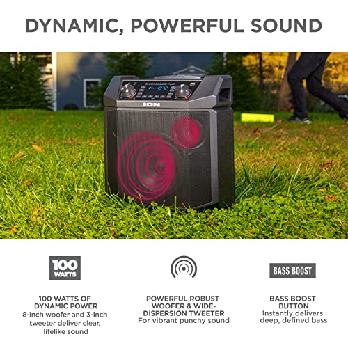 ION Block Rocker Plus - 100W Bluetooth Outdoor Speaker with Rechargeable Battery, Karaoke Microphone, Radio, Wheels, Telescopic Handle & USB Charging