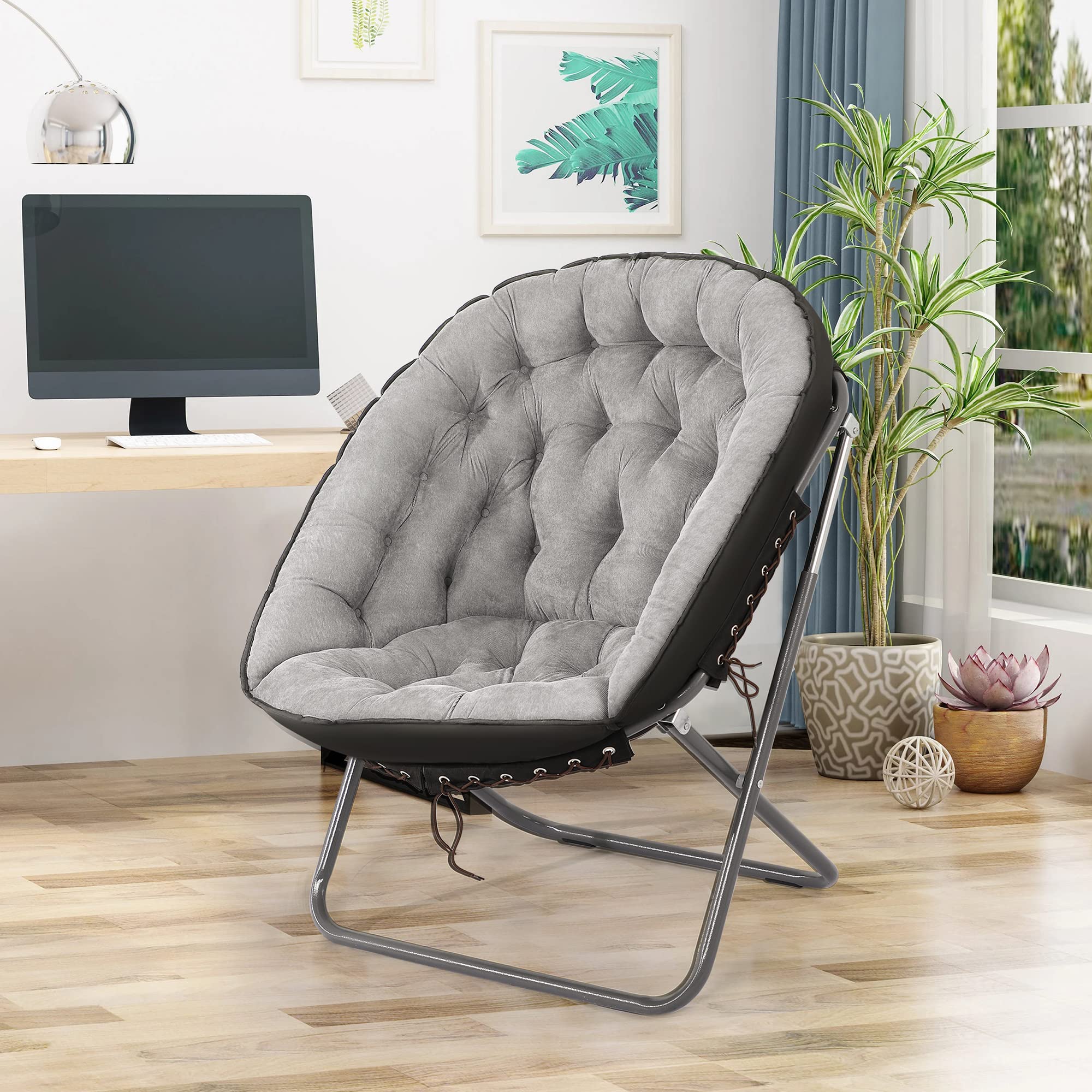 iw I WISH Saucer Chair for Adults,Folding Saucer Chair,Oversized Saucer Chair,Comfy Foldable Chair for Bedroom,Moon Chair,300 lbs (Grey)