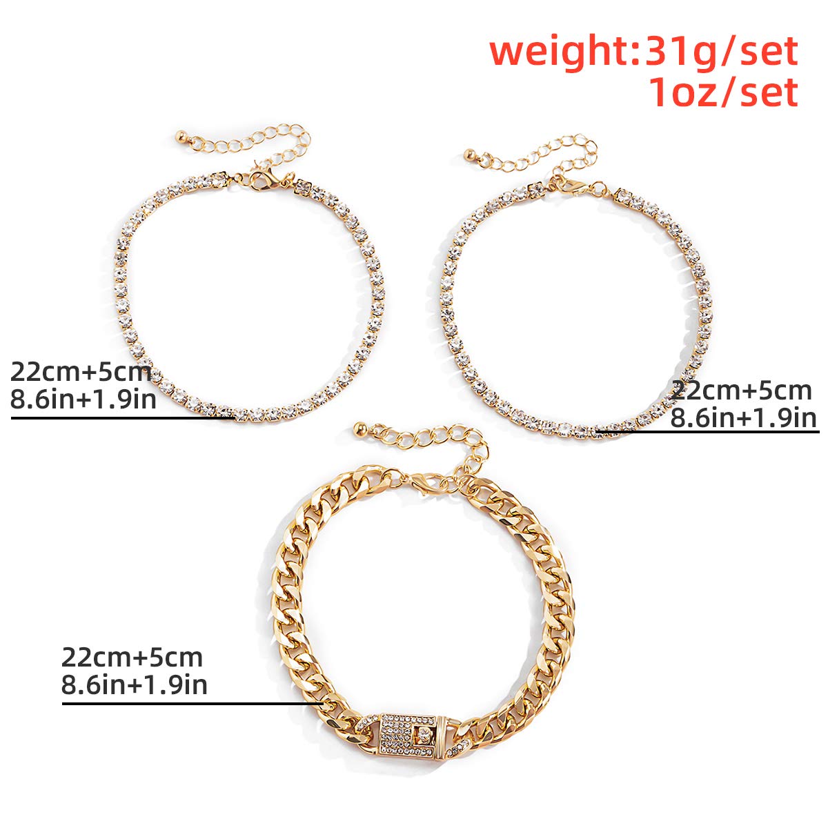 Impurain Bling Tennis Anklet Bracelet for Women Layered Link Chain Anklet Beach Shiny Rhinestone Ankle Jewelry (3-layer Gold)
