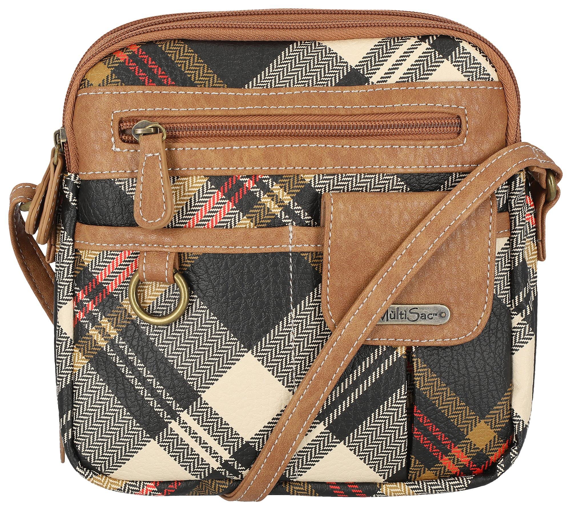 MultiSac Plaid 3-Compartment Vegan Leather Crossbody One Size Black multi/tan