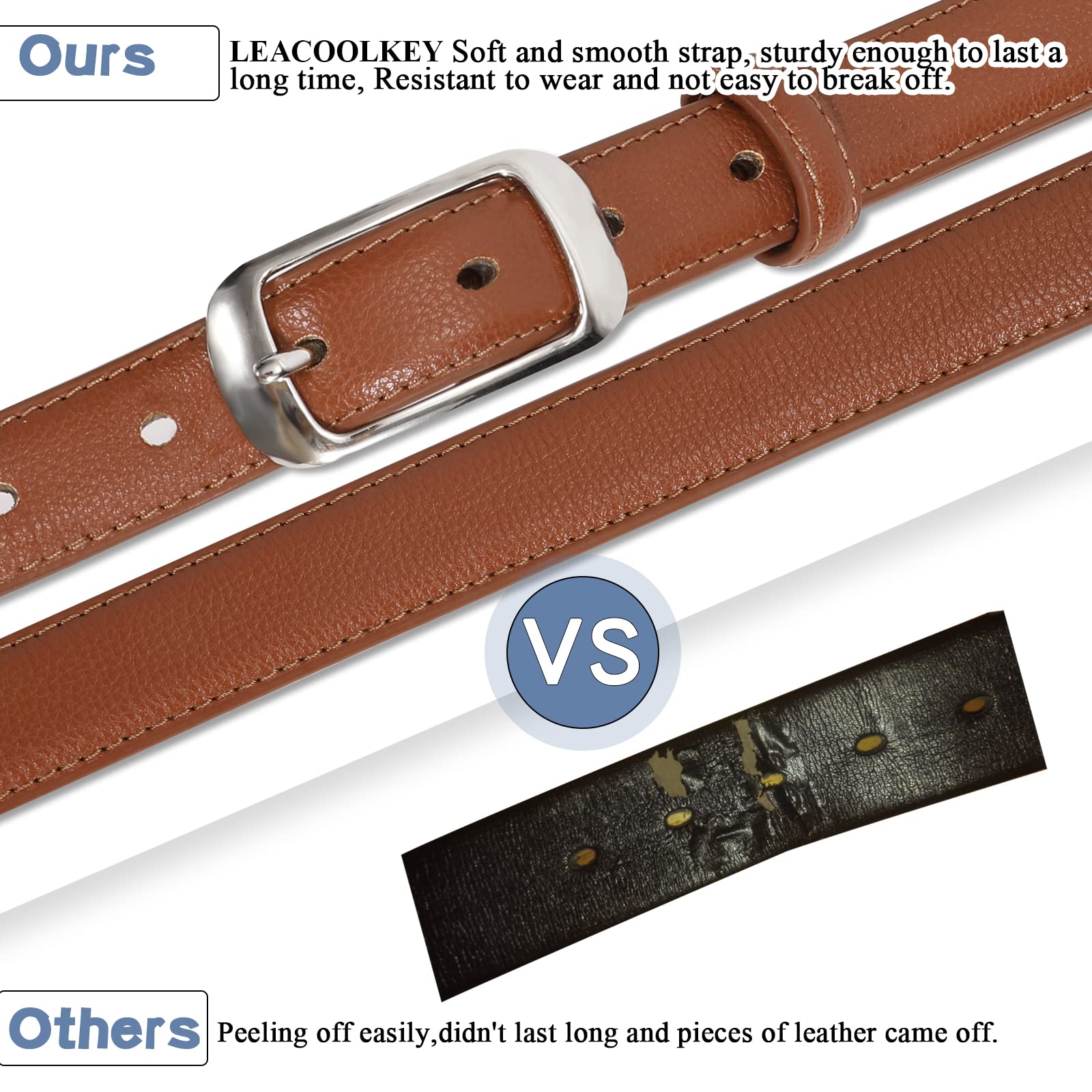 LEACOOLKEY Women Leather Belt for Jeans Pants Solid Fashion Waist Belt for Dress with Silver Pin Buckle