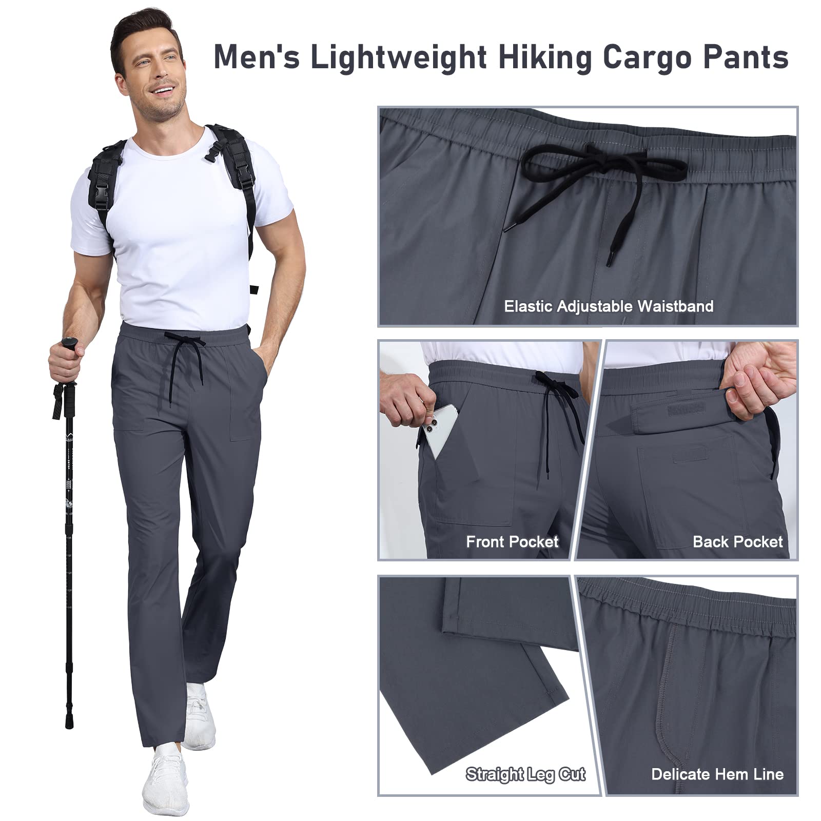 Men's Lightweight Joggers Quick Dry Cargo Hiking Pants Track Running Workout Athletic Travel Golf Casual Outdoor Pants-2XL Grey
