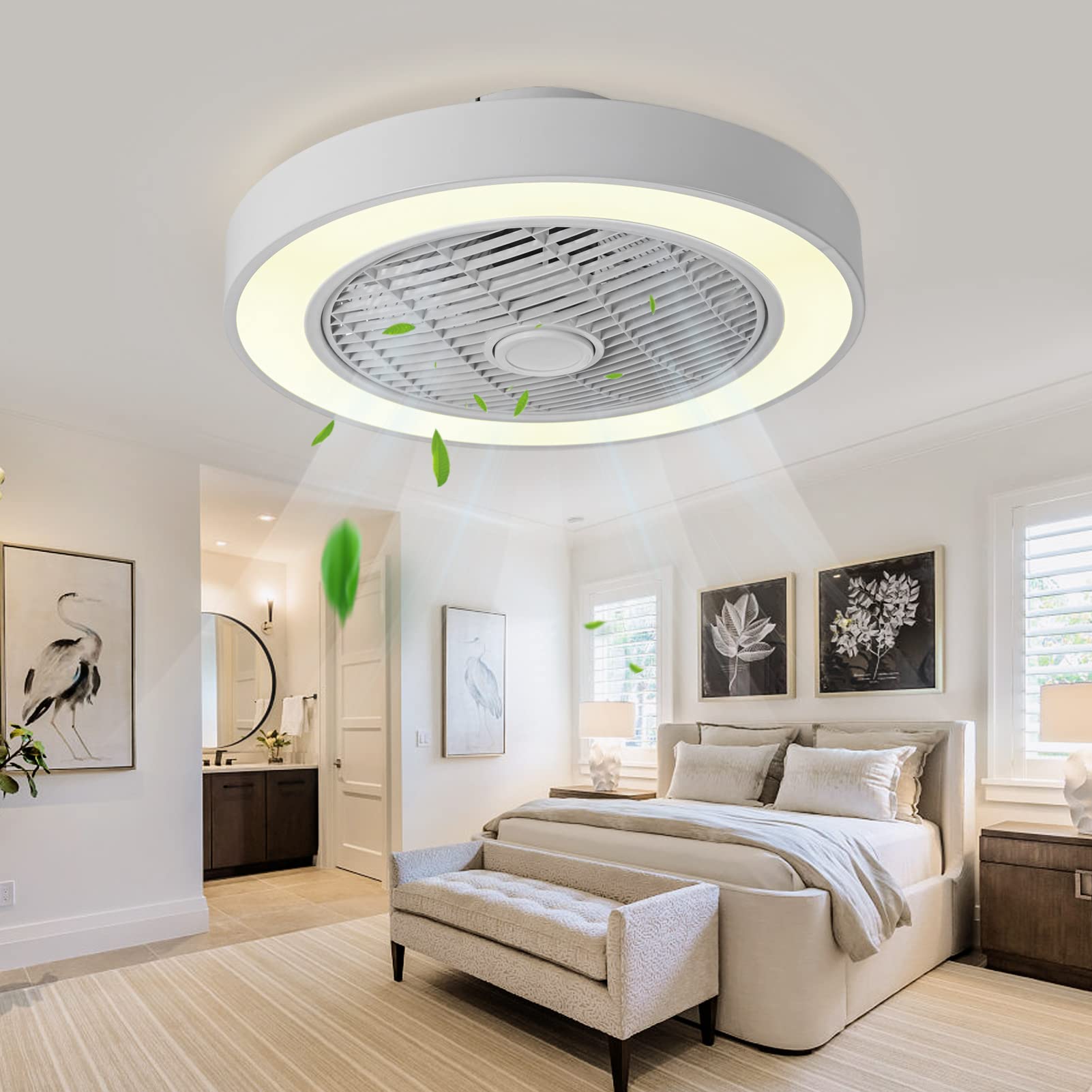 Jinweite Ceiling Fan with Light, 19 inches LED Remote Control Fully Dimmable Lighting Modes Invisible Acrylic Blades Metal Shell Semi Flush Mount Low Profile Fan,White