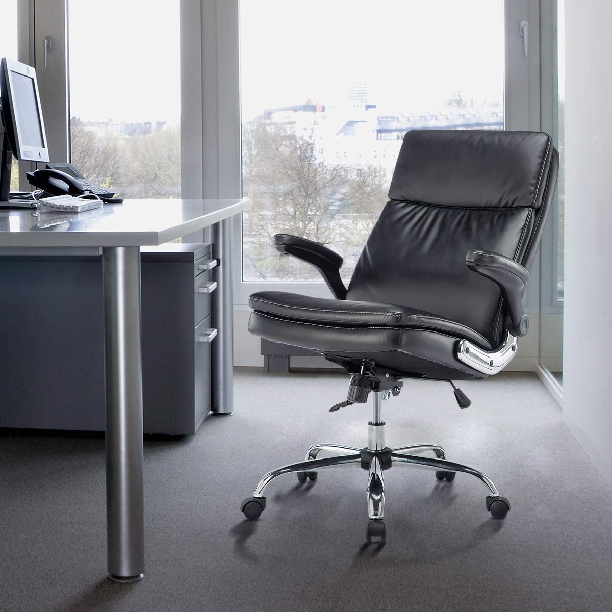 KERMS Executive Office Chair PU Leather Desk Chair with Lumbar Support and Flip Up Arms, High Back Office Chair Adjustable Recline Locking, Black