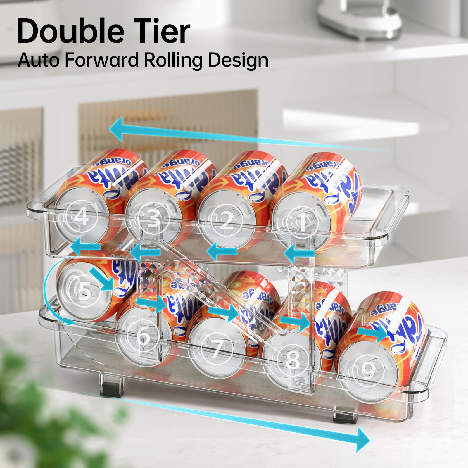 LAMU Soda Can Dispenser for Refrigerator, Set of 2 Adjustable Width Soda Can Organizer 2-Layer Beverage Pop Can Holder Drink Organizer for Fridge, Pantry, Cabinet, Countertop, Clear