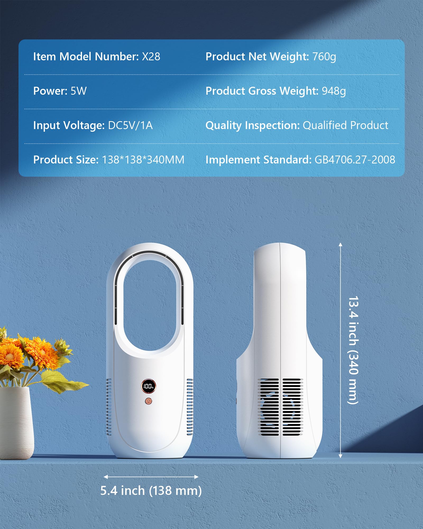RELEXNOW 13.8" Bladeless Desk Fan - 6 Speed Modes, Small Bladelss rechargeable fan with 6000mAh Battery, Quite Office fan, Easy to Clean & Touch Control, Desk Fan Small Quite for Office, Bedroom
