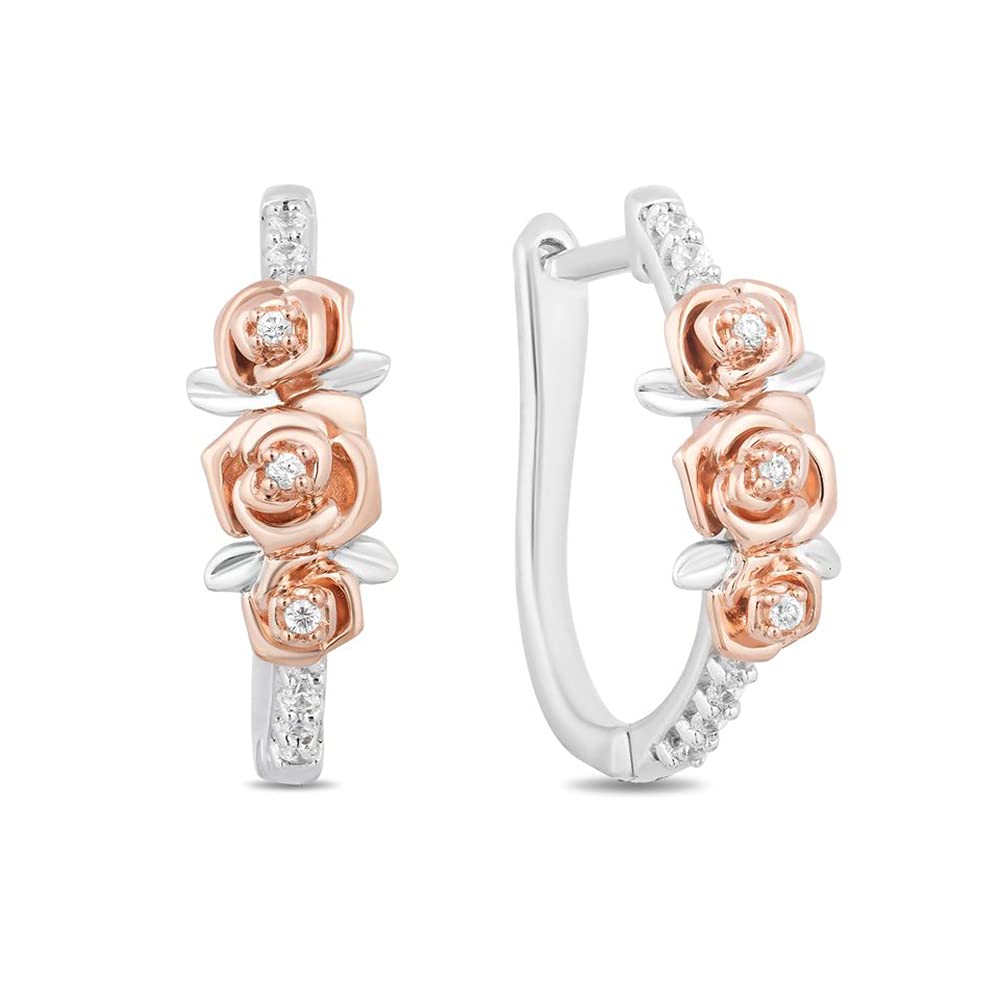 Jewelili Enchanted Disney Fine Jewelry 10K Rose Gold and Sterling Silver Belle Dozen Roses Earring Set With 1/5 Cttw Diamonds