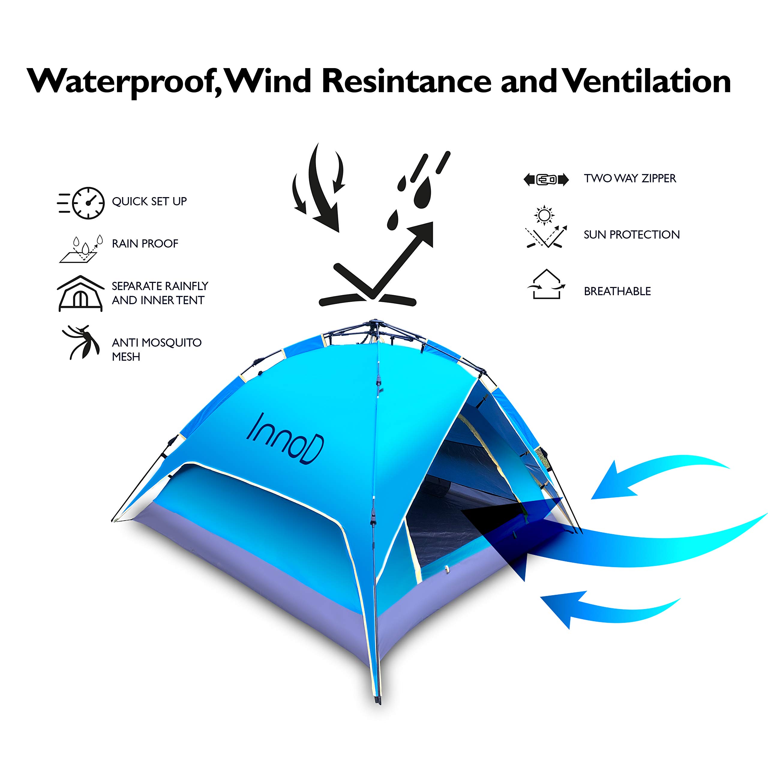 InnoD 3 Person Tent, Instant Pop up Dome Tent for Camping with Waterproof Rain Fly, Easy Setup Outdoor Camping Tent & Shelters