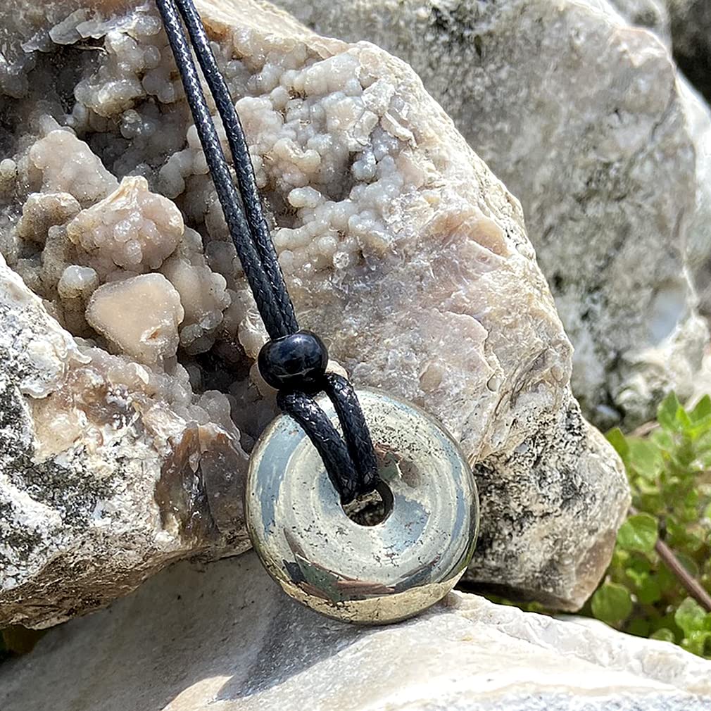 Magic Human Pyrite Crystal Stone - Authentic Gemstone Necklace - Lucky Coin-Shaped Donut Pendant - Crystals and Healing Stones - Protection Powers Amulet - Handmade Jewelry