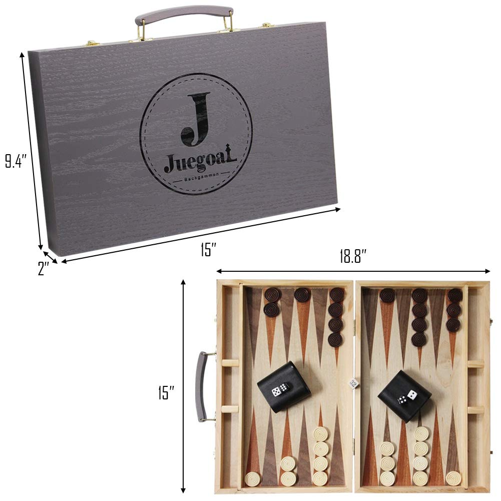 Juegoal 15 inch Wooden Backgammon Set, Portable Travel Folding Board Game