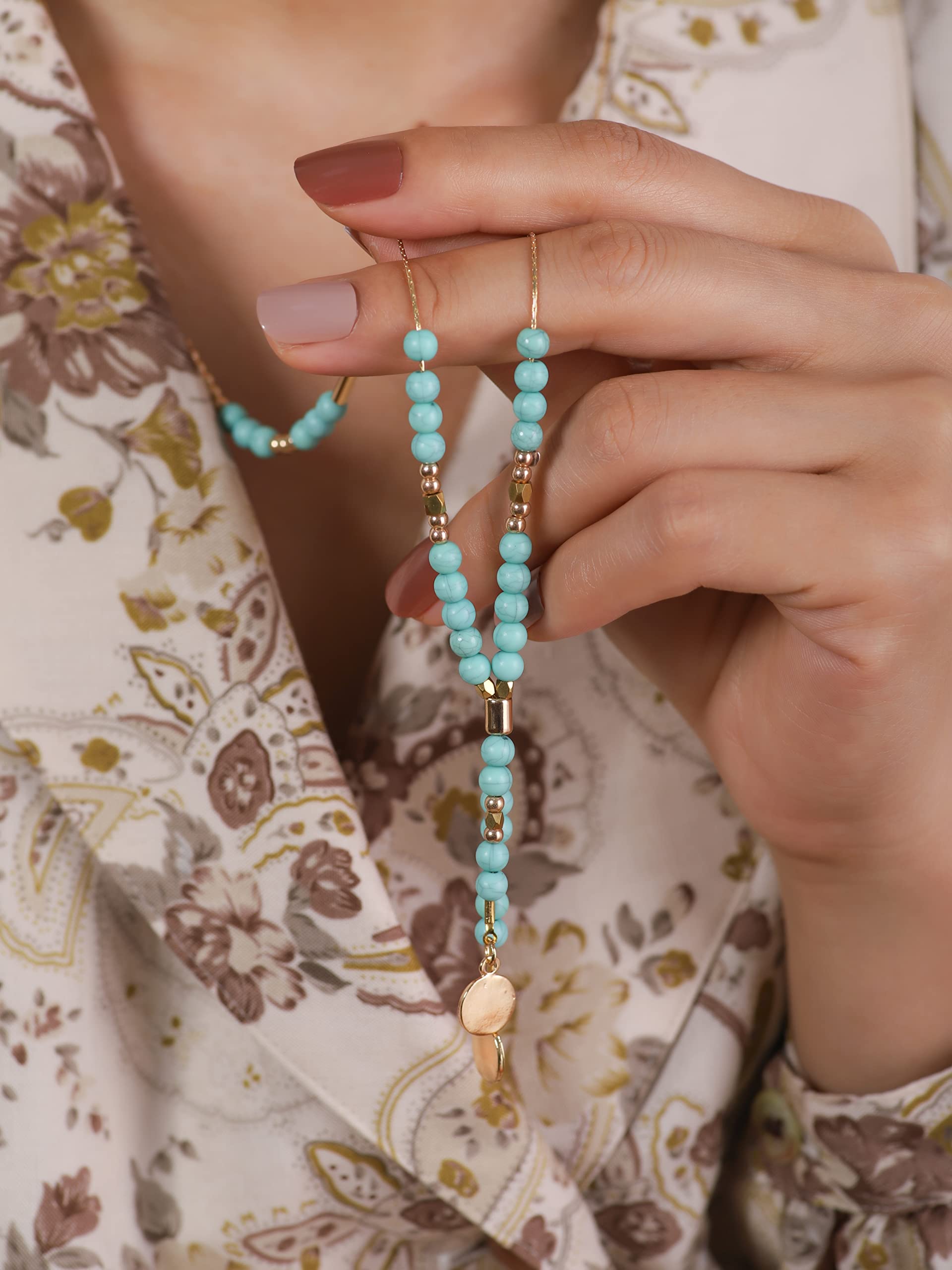 MINACHI Bohemian Created Turquoise Necklace for Women, Vintage Boho Gold Plated Chain Created Turquoise Bead Y Necklace, Boho Jewelry Gift for Women