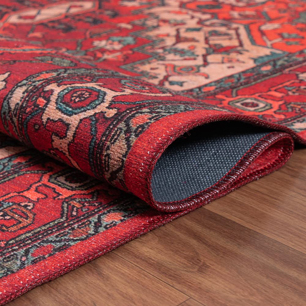 Washable Area Rug Living Room, Bedroom, Bathroom, Kitchen Vintage Chenille Rug Animal-Friendly 0602_RED (2' x 3')