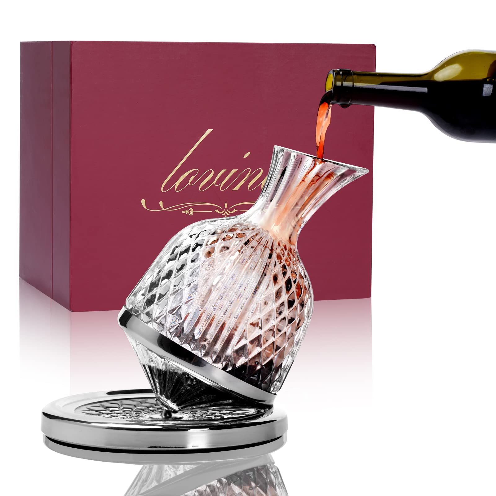 Lovino Crystal Wine Decanter Lead-free Crystal Glass, 360 Degree Spinning, 1.5L Red Wine Aerator Great Gift Box, Wine Accessories