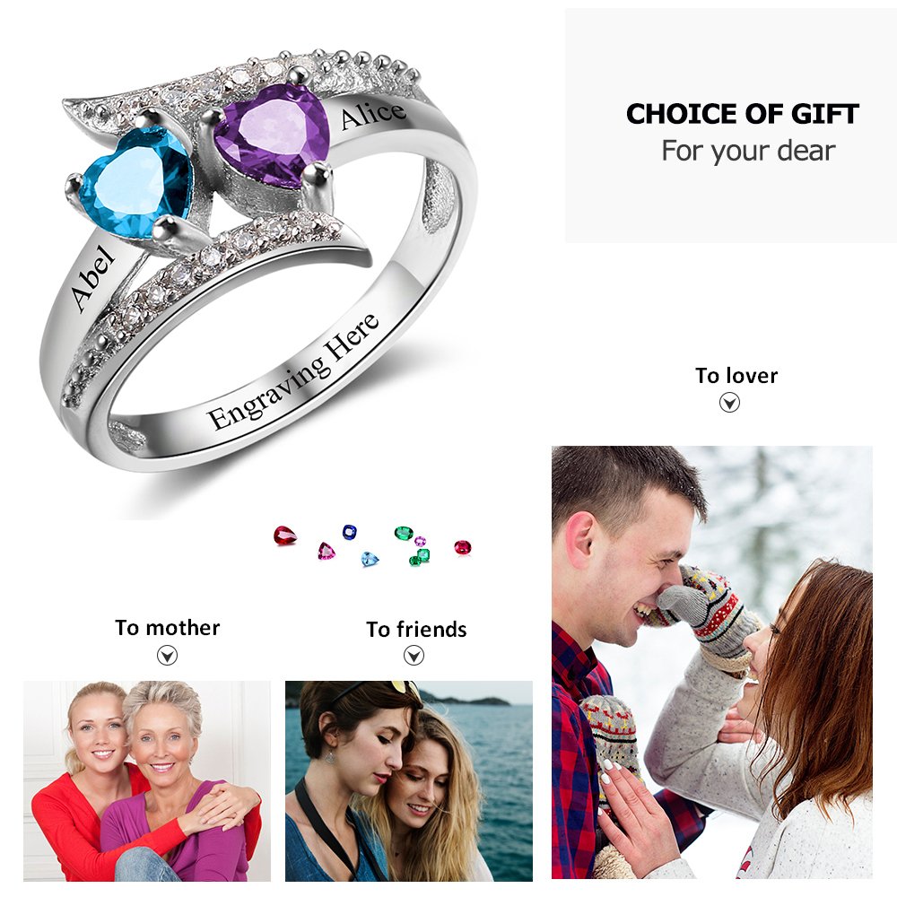 JewelOra Personalized 2 Simulated Birthstones Engagement Promise Ring For Her Couple Friendship Rings for Women (Silver, 7)