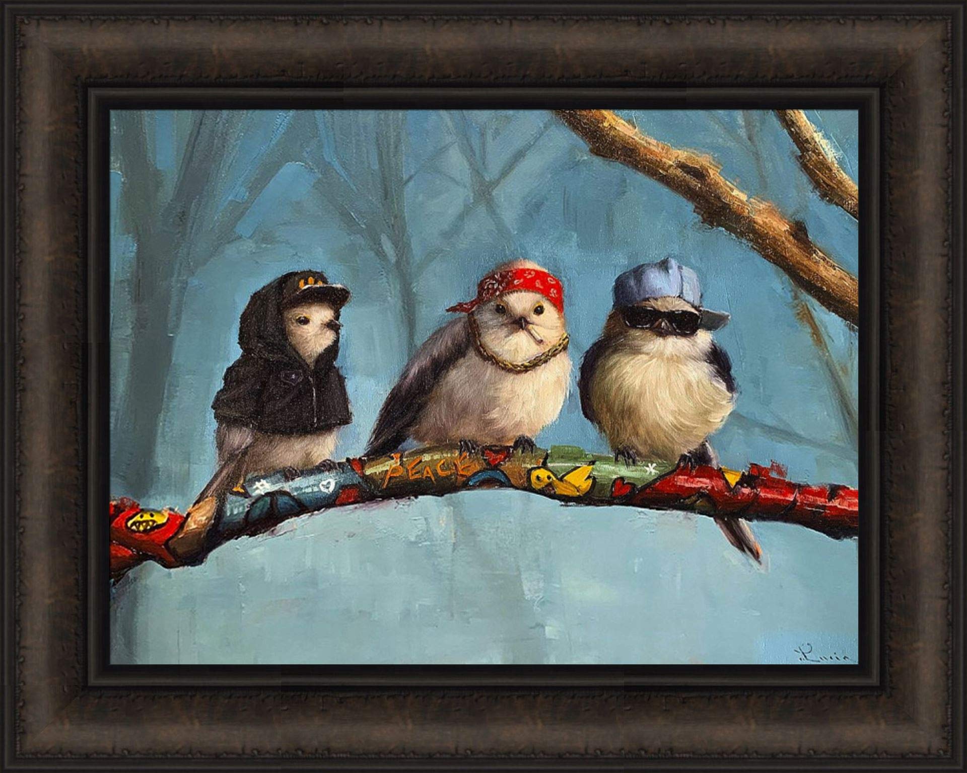 Home Cabin Décor Birdz in Da Hood by Lucia Heffernan 16x20 Bird Gang Graffiti Tree Branch Bandana Caps Smoking Chains Chickadees Humorous Framed Art Print Picture