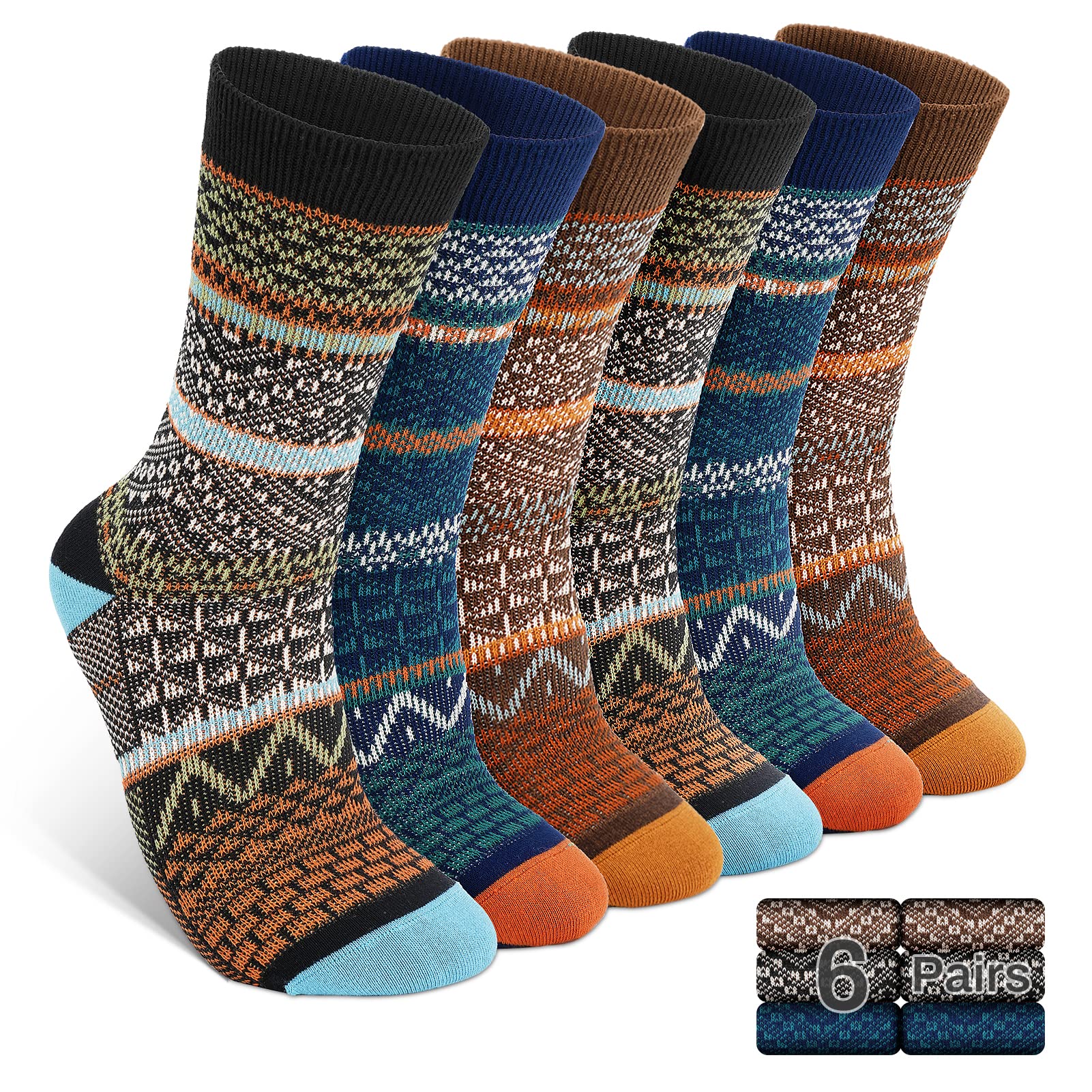 Luckit 6 Pack Wool Socks for Men Women, Warm Cotton Socks Winter Cabin Socks, Vintage Fall Patterned Socks Unisex Knit Socks (Retro stripes)