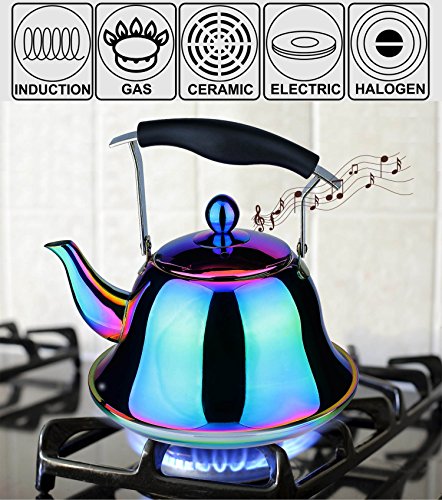 Onlycooker Whistling Tea Kettle Stainless Steel Stovetop Teakettle with Infuser Sturdy Teapot for Tea Coffee Fast Boiling Color Rainbow Mirror Finish 2 Liter / 2.1 Quart