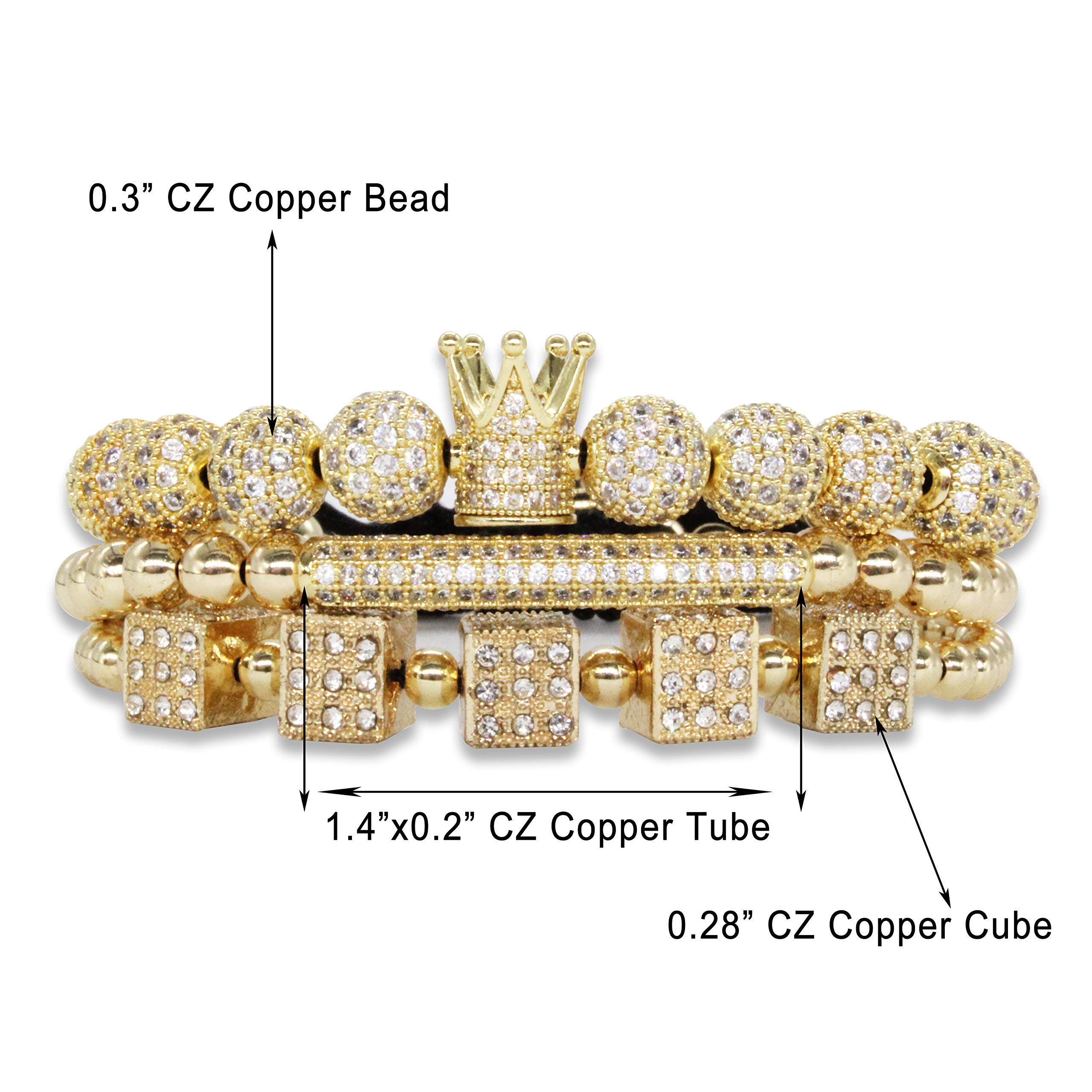 Imperial Crown King 18K Gold CZ Beads Bracelet Luxury Charm Fashion Bangle for Men Women