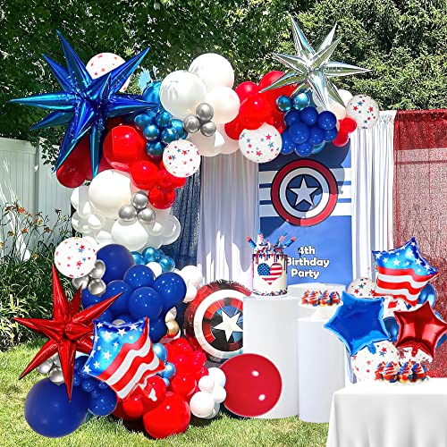 kozee Red White and Blue Patriotic balloon garland arch kit 136pcs with starburst star print balloons for july 4 Memorial day decorations