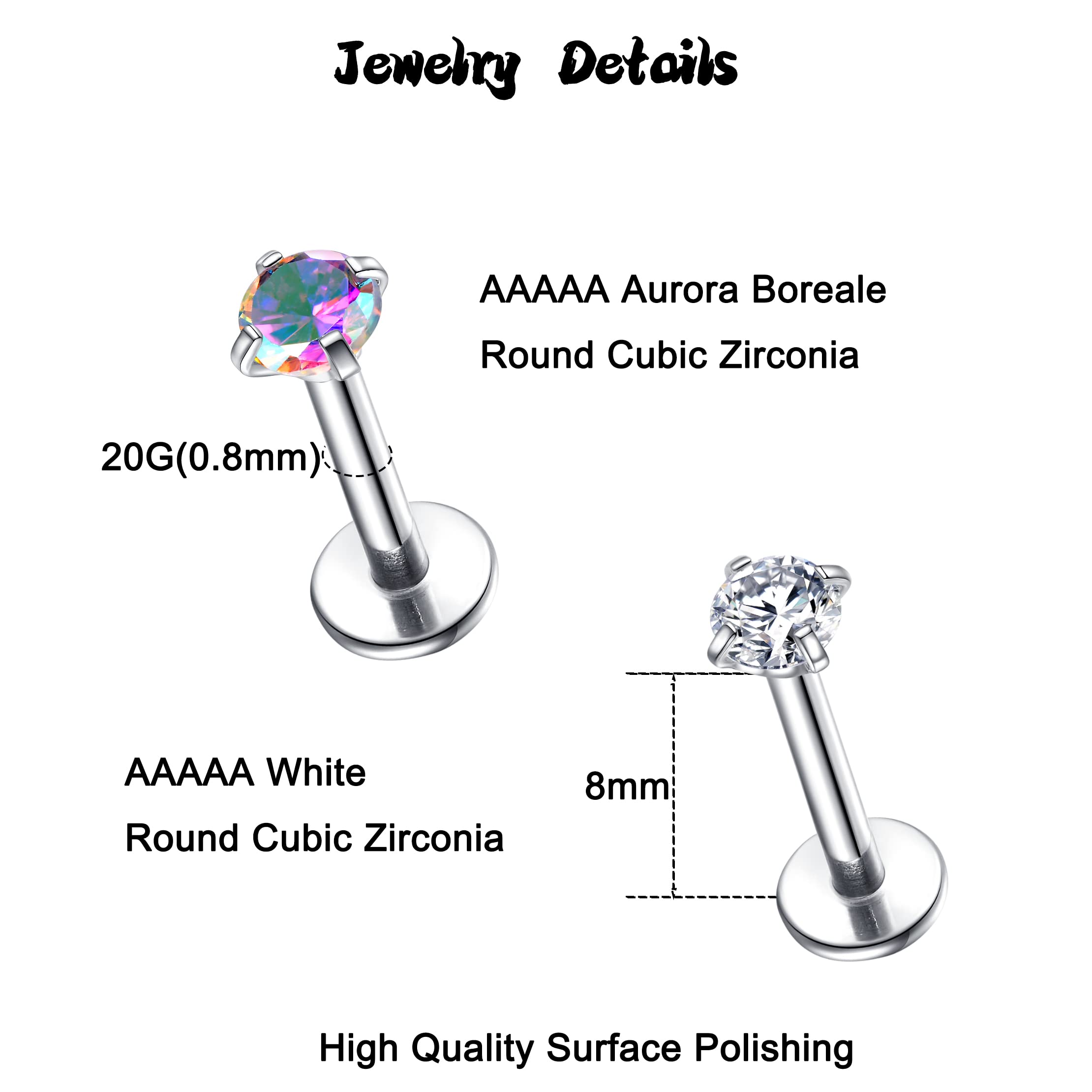 kingdot G23 Titanium 16G Threaded Cubic Zirconia Labret Piercing Lip Stud Tragus Flat Back Earring – Best for Monroe Lip Rings, Tragus Helix Earrings, and Conch Piercing Jewelry