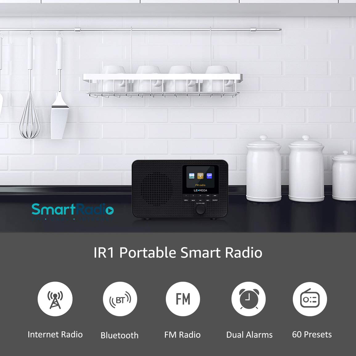 LEMEGA IR1 Portable WiFi Internet Radio,FM Digital Radio,Bluetooth Speaker,Dual Alarms Clock,Sleep Snooze Timer,40 Presets, Headphone-Output,Colour Display,Batteries or Mains Powered β Black Finish