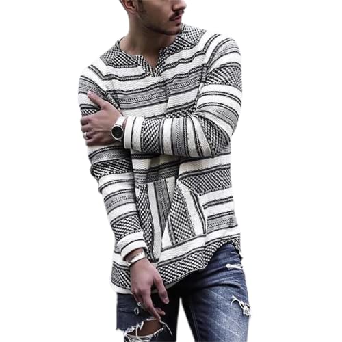 Lexiart Mens Casual Pullover Sweater Long Sleeve Striped Sweatshirt Athletic Hoodie White