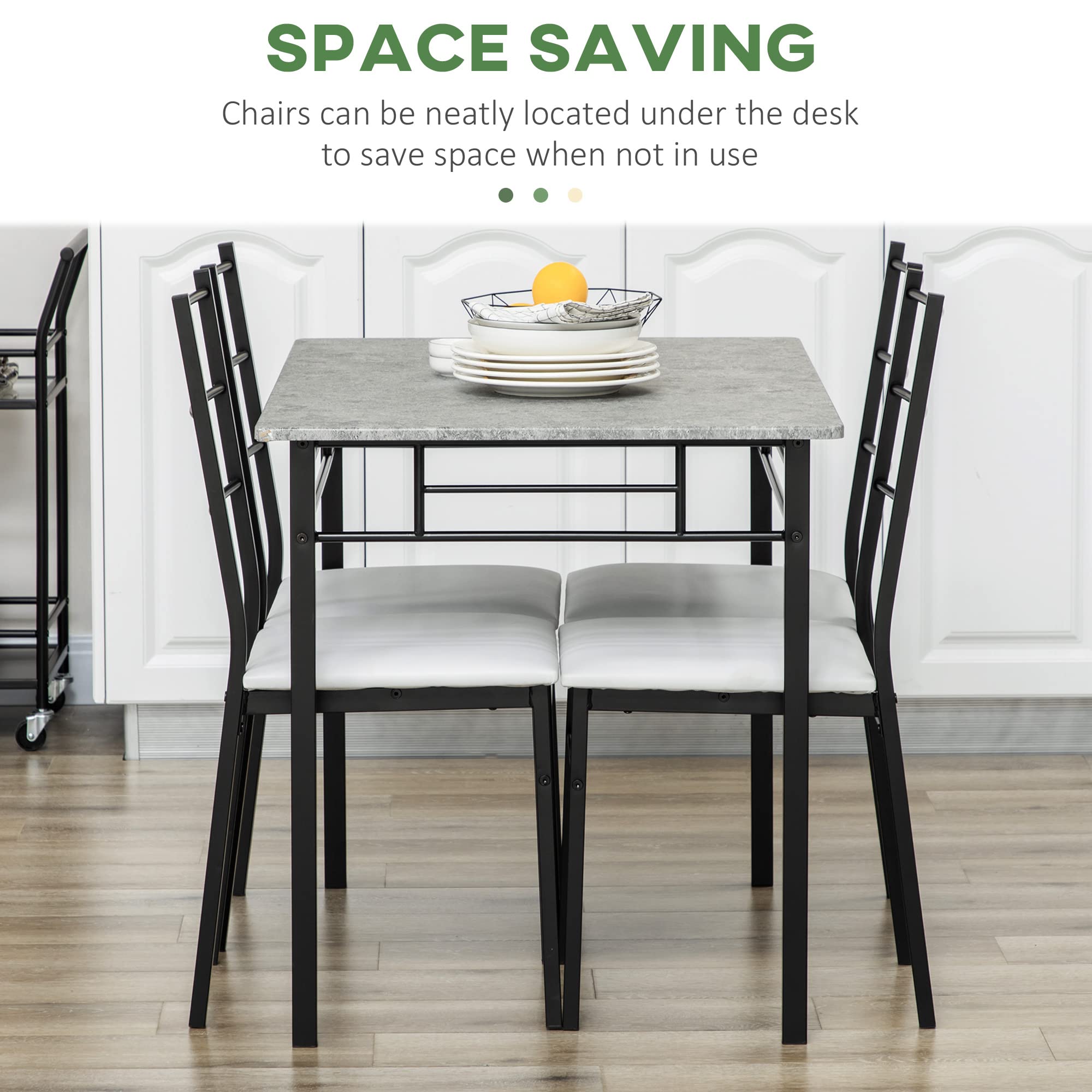 HOMCOM Dining Table Set, Modern Kitchen Table and Chairs for 4, Dinette Set with Padded Seat Chairs and Marble Textured Dinner Table, Light Gray