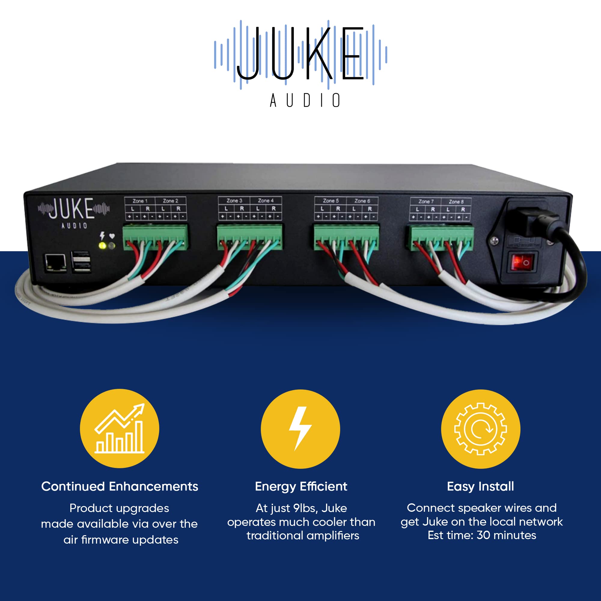 Juke-8 | 8 Zone,16 Channel, Amplifier | Multi-Room Audio Streaming via Airplay, Spotify Connect, DLNA