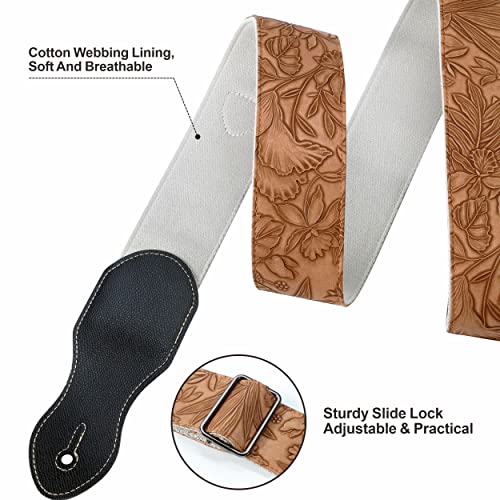 Nefelibata Guitar Strap with Pick Pocket,2.3 inch Porter Style Vegan Leather Carving Guitar Straps,60s Vintage Style(Brown Yellow)