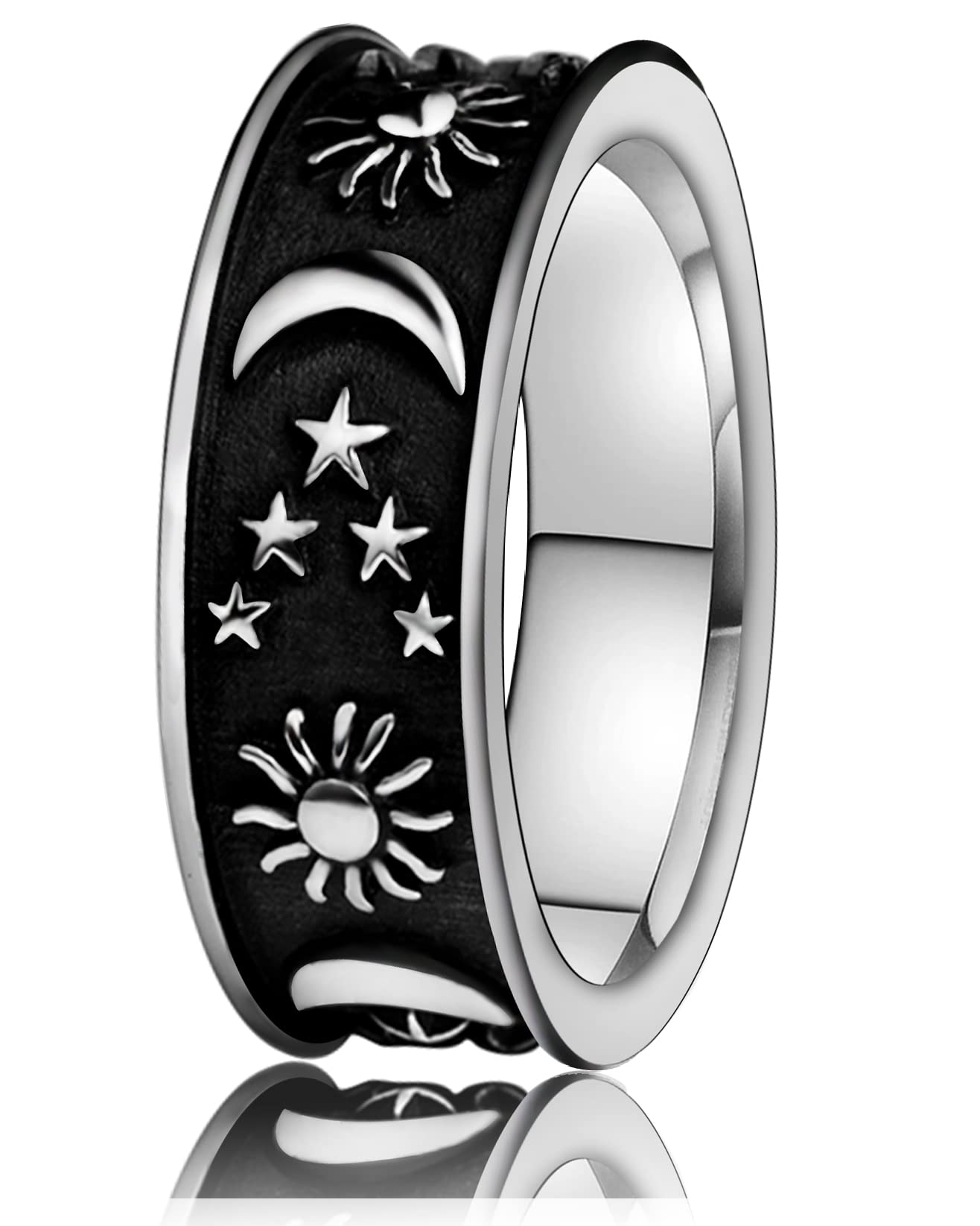LAOYOU Sun Moon Stars Ring - 8mm Antique Stainless Steel Sun Moon Stars Ring for Women Men Statement Boho Jewelry Size 8