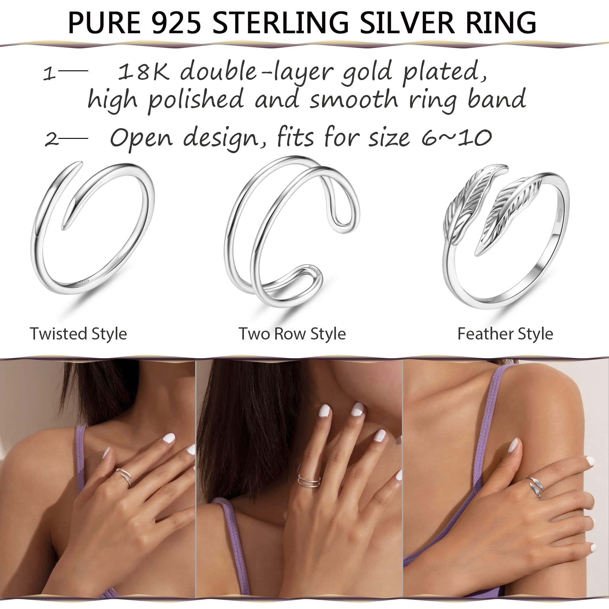 MILACOLATO 925 Sterling Silver Rings Set 18K White Gold Plated Two Row Feather Twist Eternity Band Rings Open Adjustable Stackable Knuckle Pinky Rings for Women