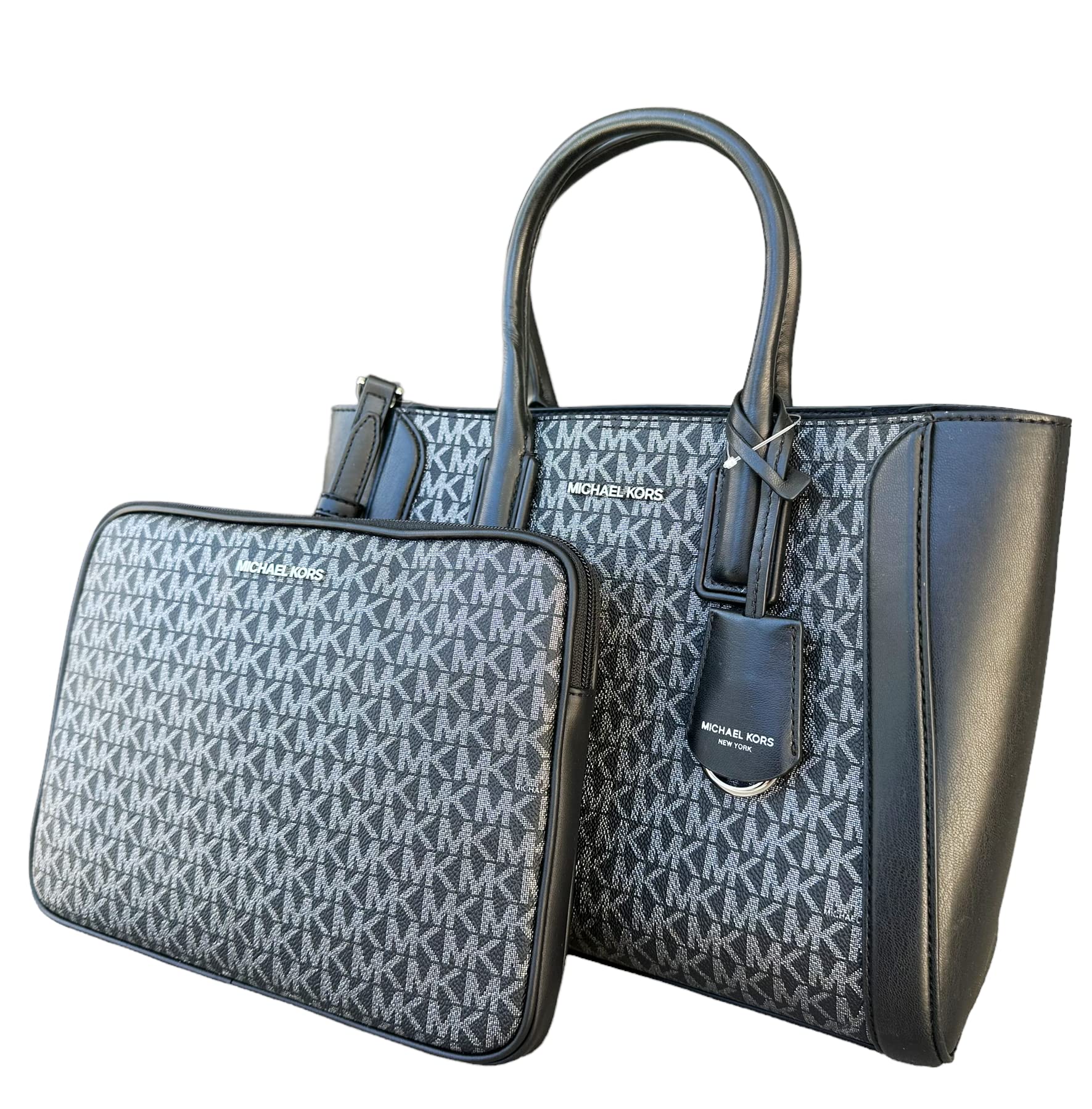 Michael Kors Kali Medium Satchel Tote Crossbody Signature MK + Ipad Case (Black Silver Multi)