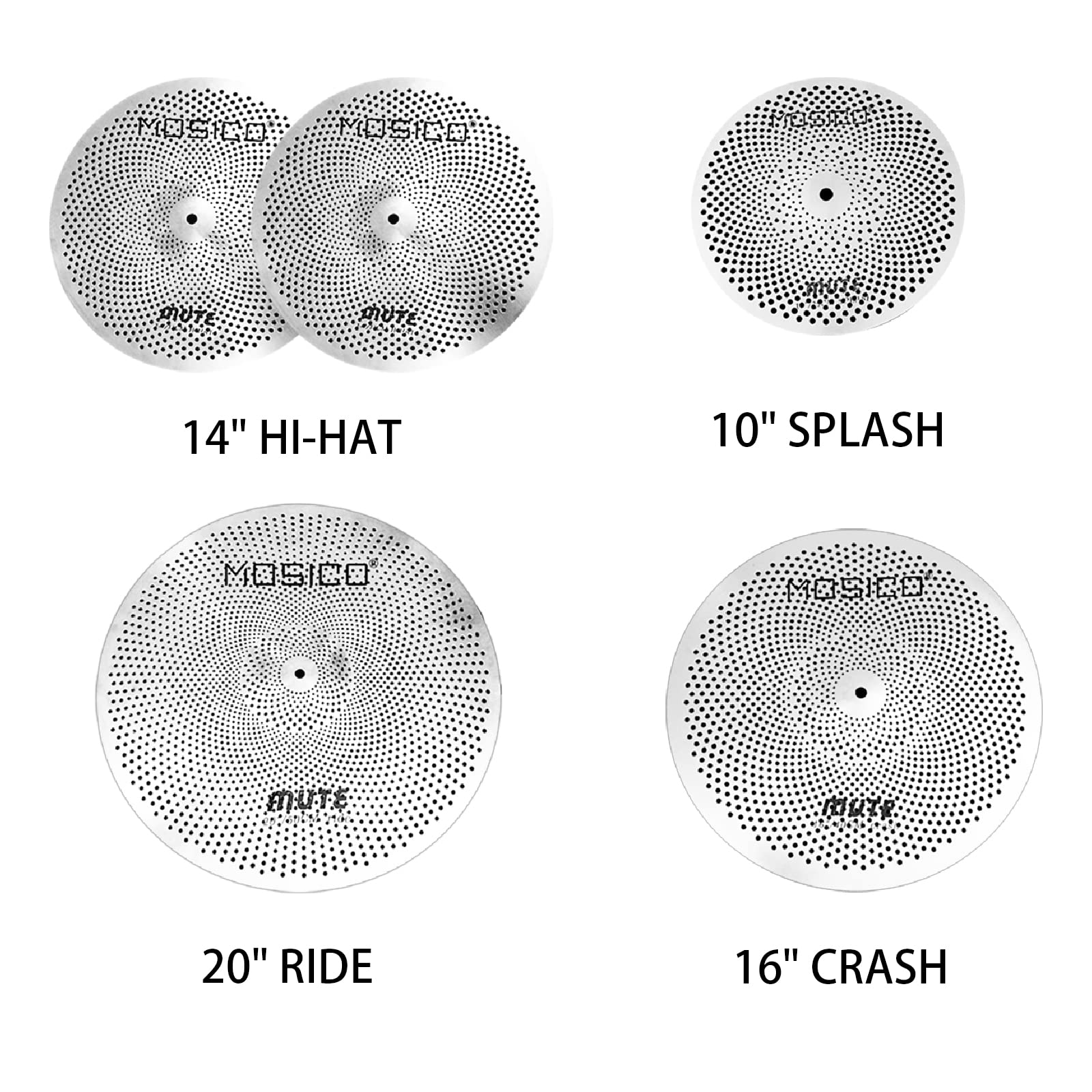 Mosico Low Volume Cymbal Pack 10”Splash 14”Hi-hats 16”Crash 20"Ride Quiet Cymbal Plus a Free Cymbal Bag 5 PCS Drum Practice Cymbal Set for Beginner