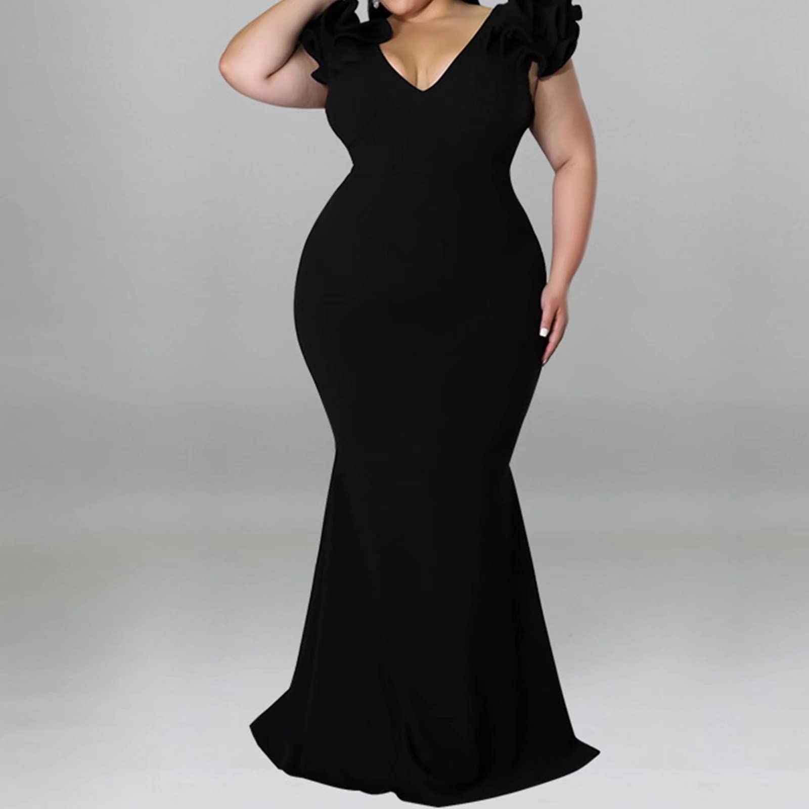 IyMoo Women's Sexy Plus Size Bodycon V Neck Ruffle Sleeve Backless Cocktail Evening Mixi Dresses Black 4XL